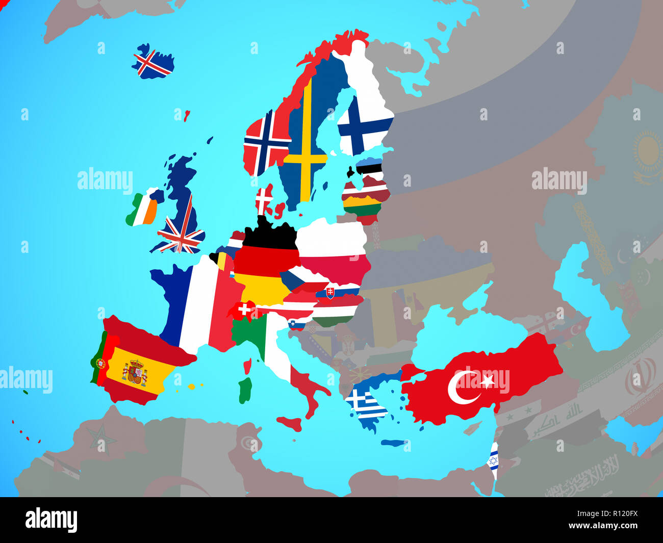OECD European members with national flags on blue political globe. 3D ...
