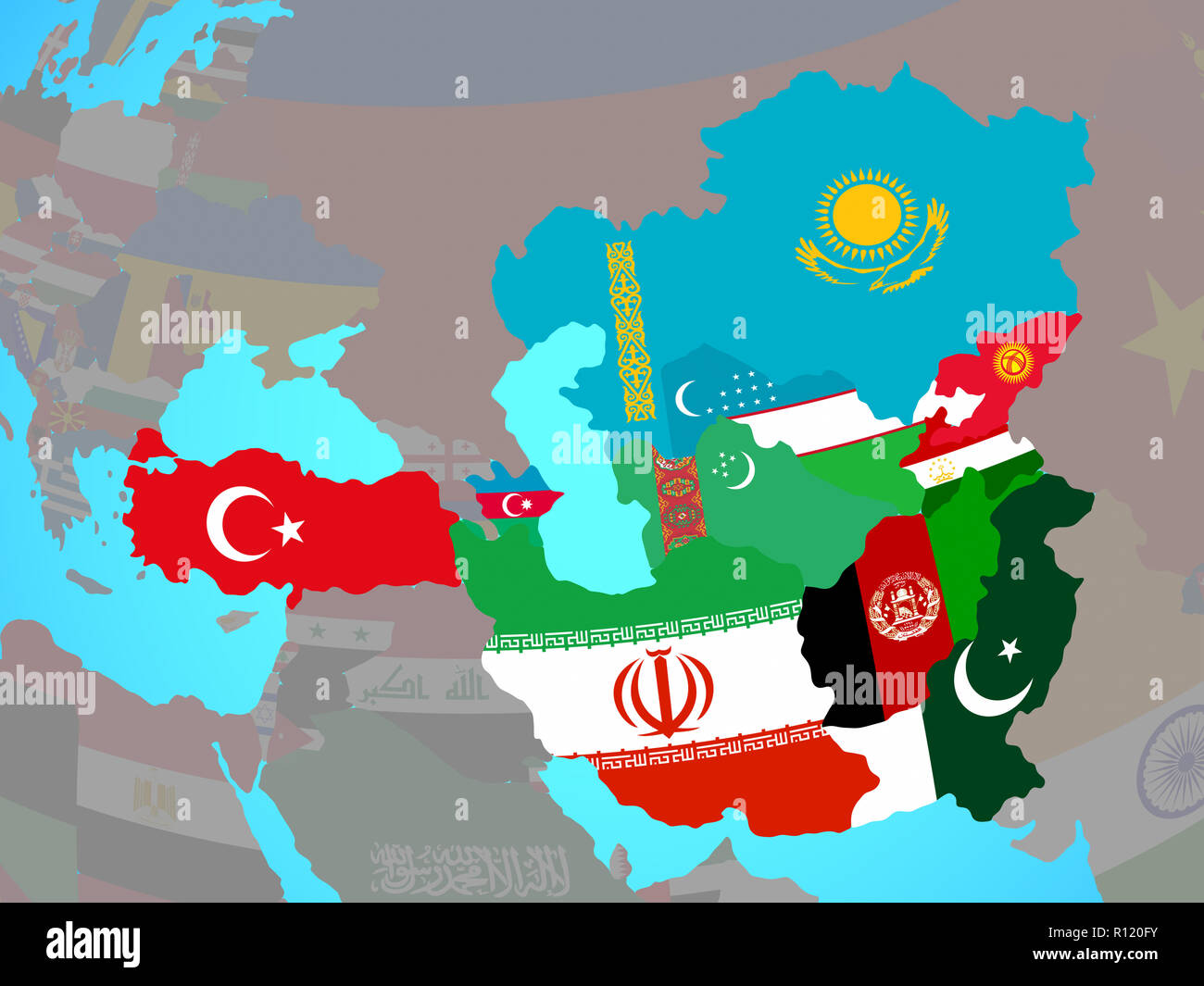 ECO member states with national flags on blue political globe. 3D ...