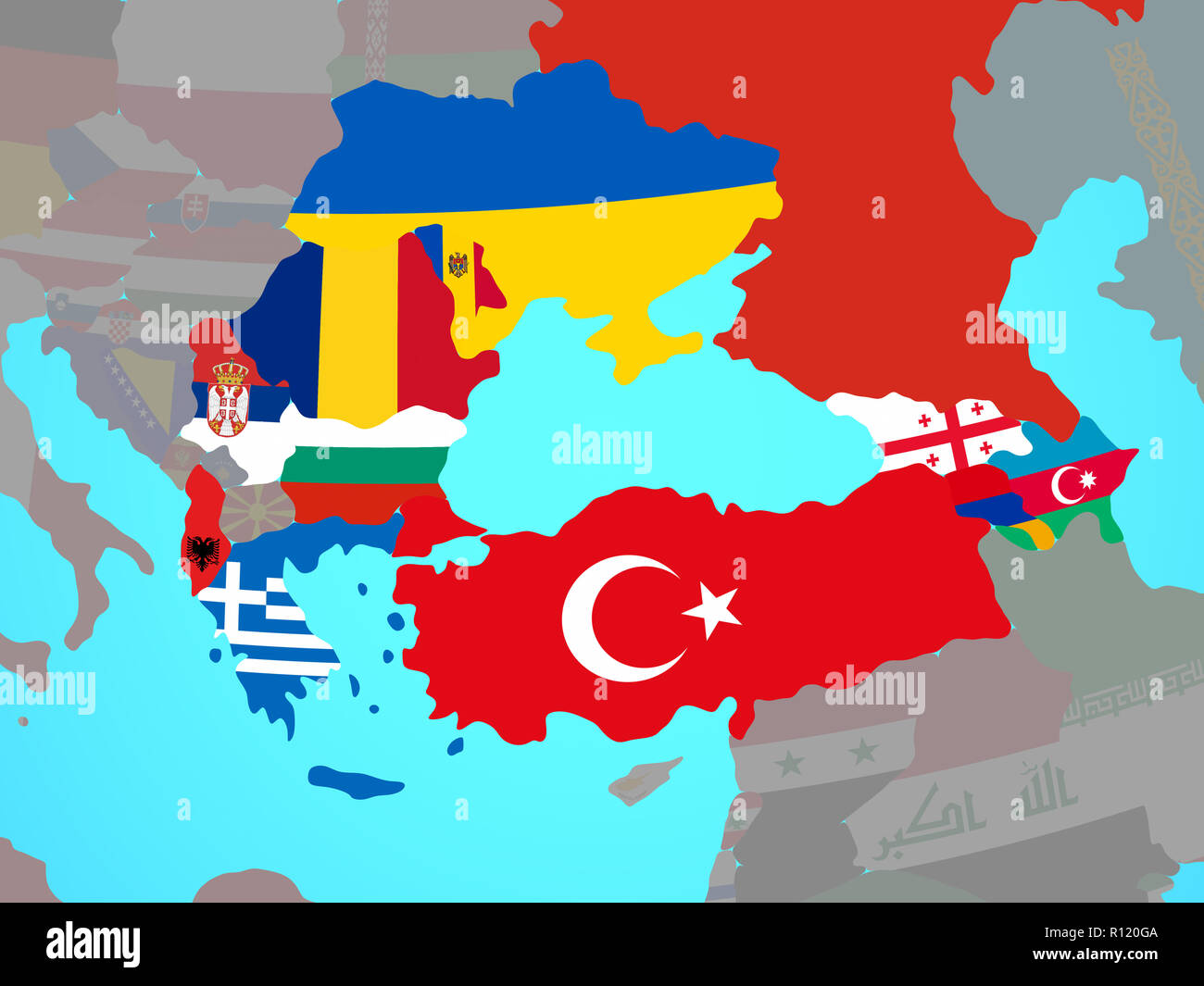 BSEC countries with national flags on blue political globe. 3D ...
