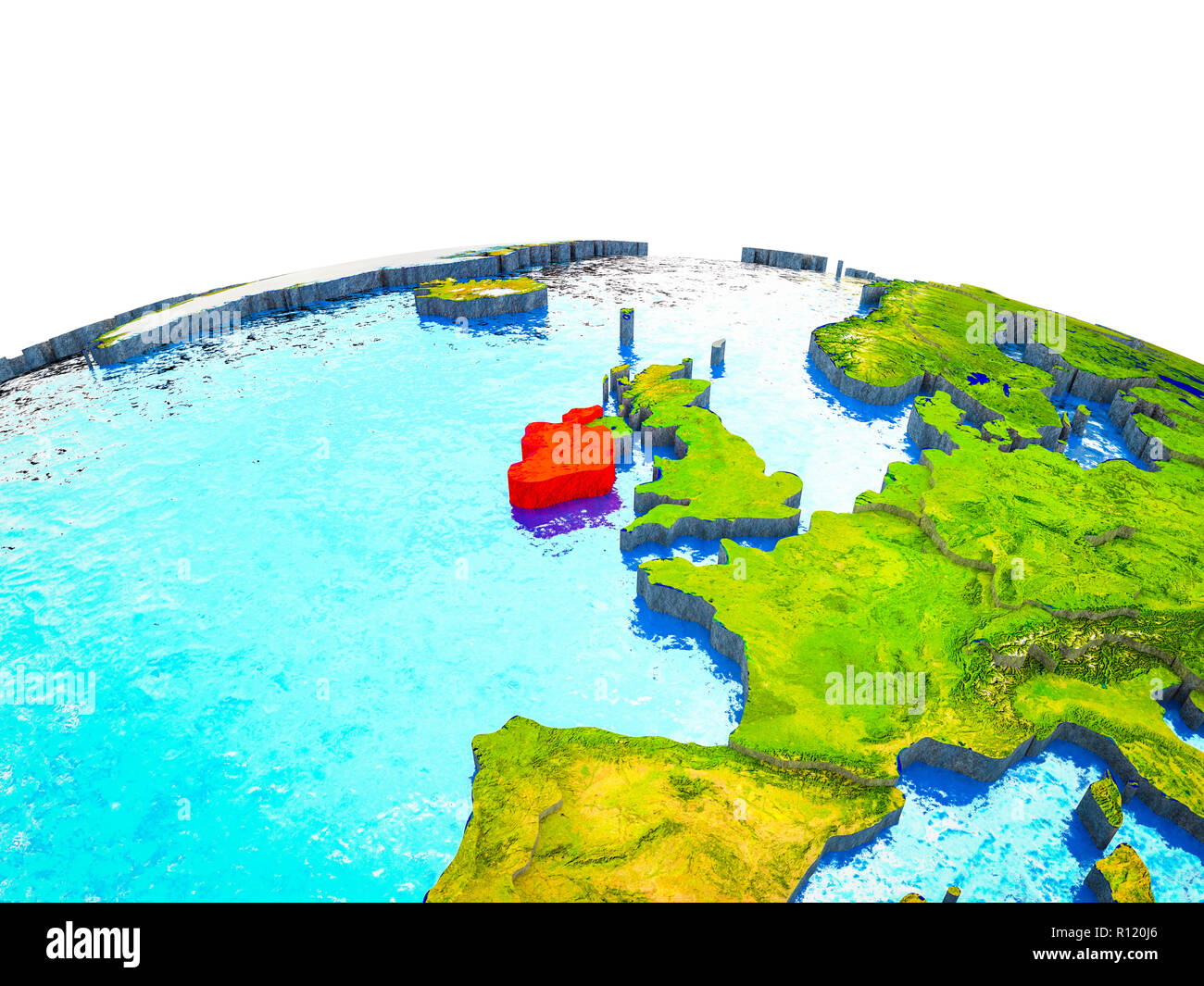 Ireland on 3D Earth with visible countries and blue oceans with waves ...