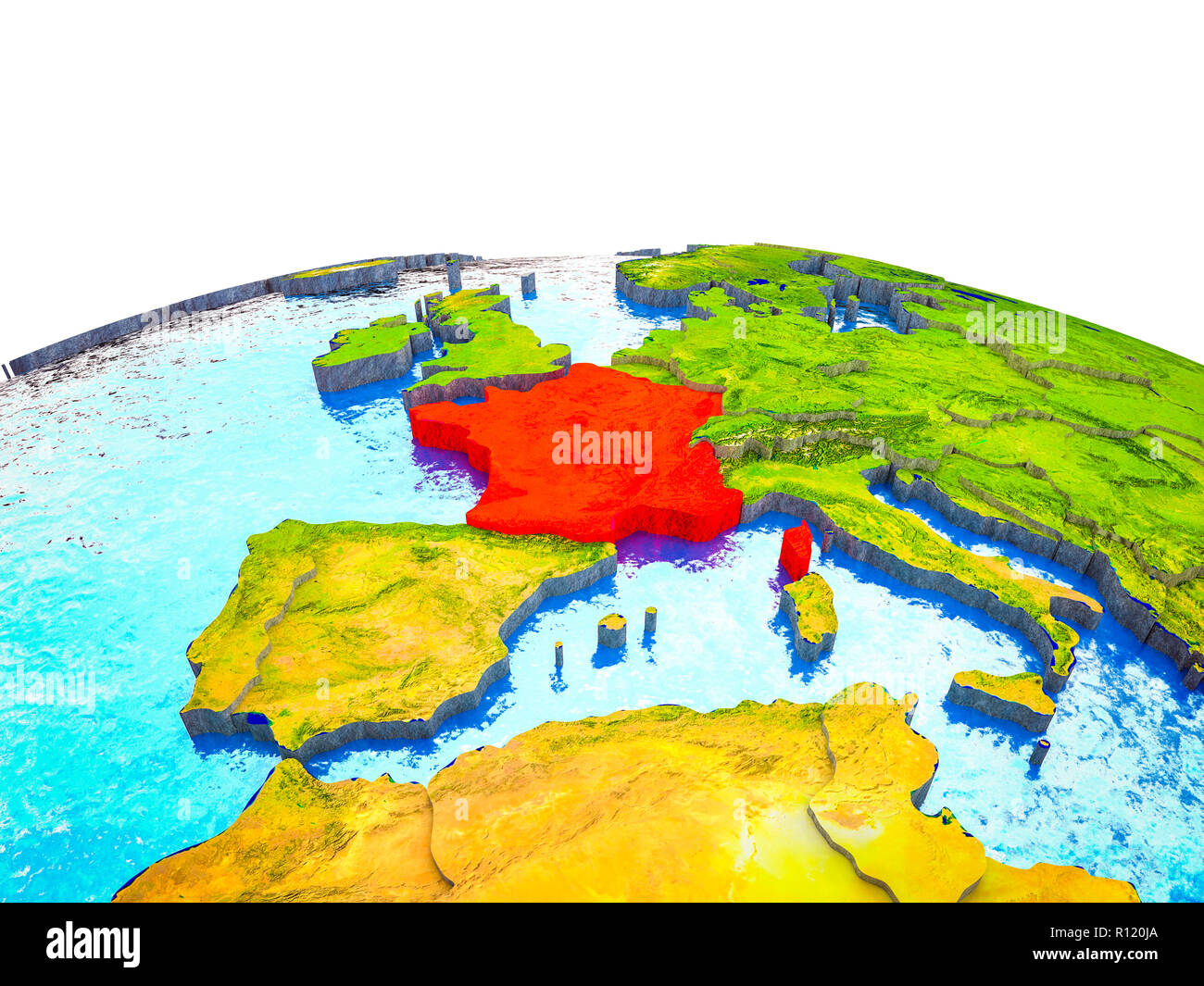 France on 3D Earth with visible countries and blue oceans with waves ...