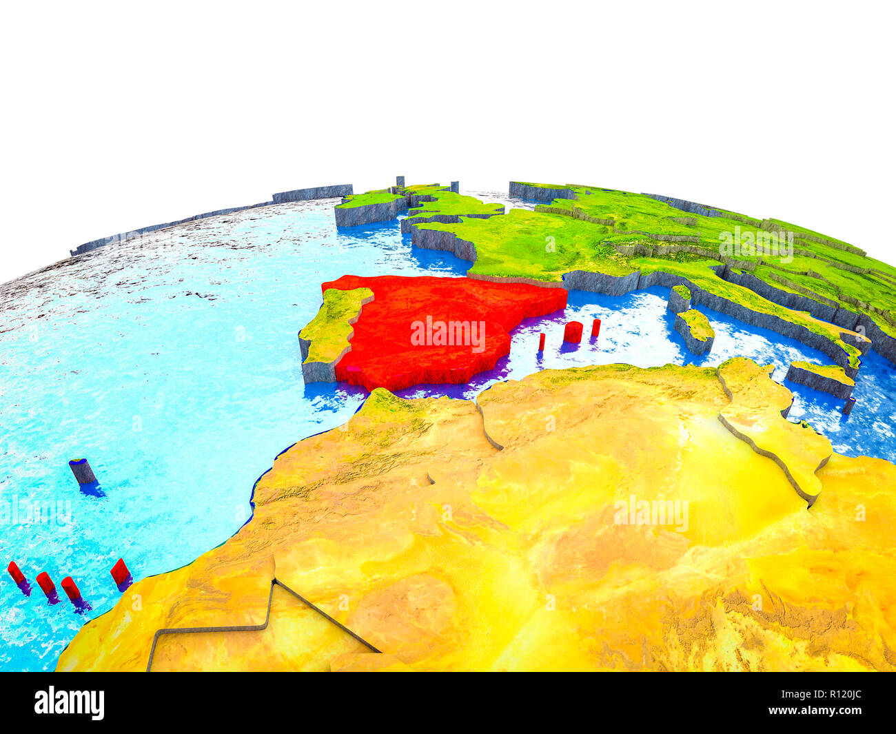 Spain on 3D Earth with visible countries and blue oceans with waves. 3D ...