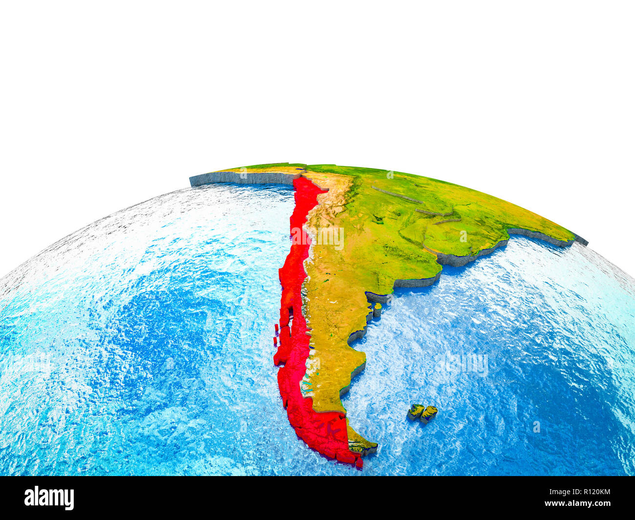 Chile on 3D Earth with visible countries and blue oceans with waves. 3D ...