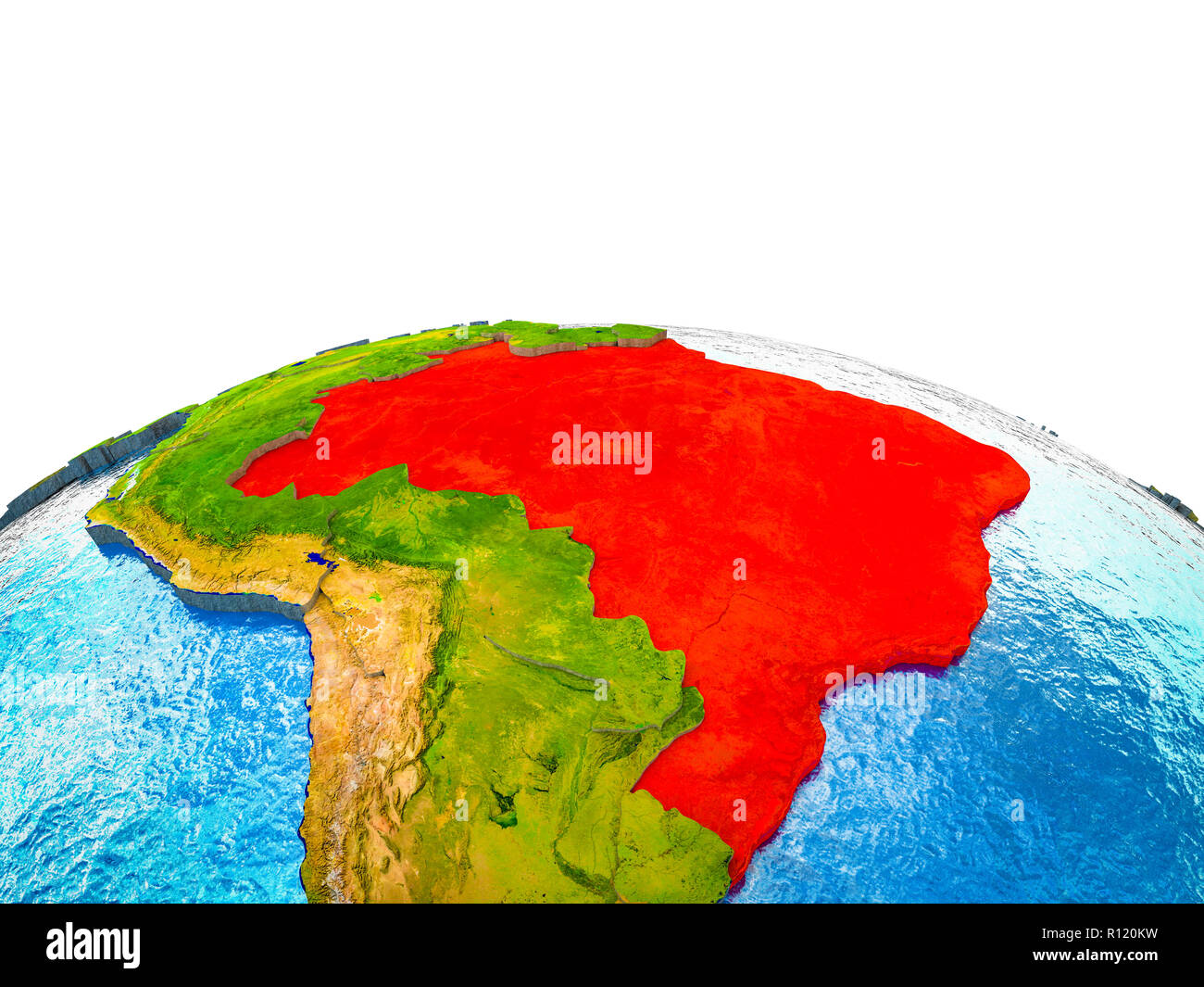 Brazil on 3D Earth with visible countries and blue oceans with waves ...