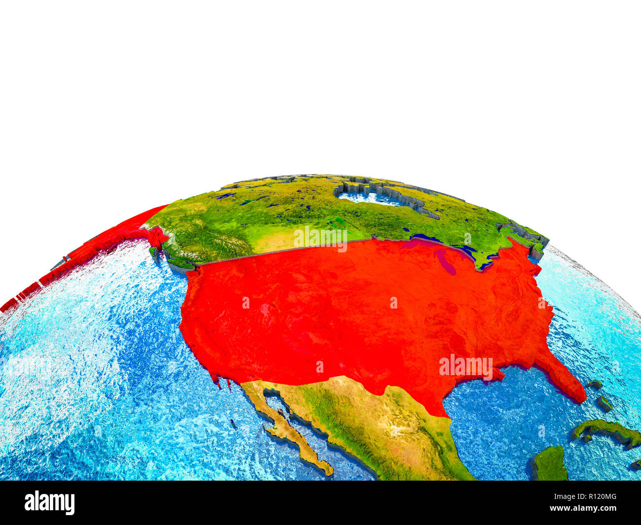 USA on 3D Earth with visible countries and blue oceans with waves. 3D ...
