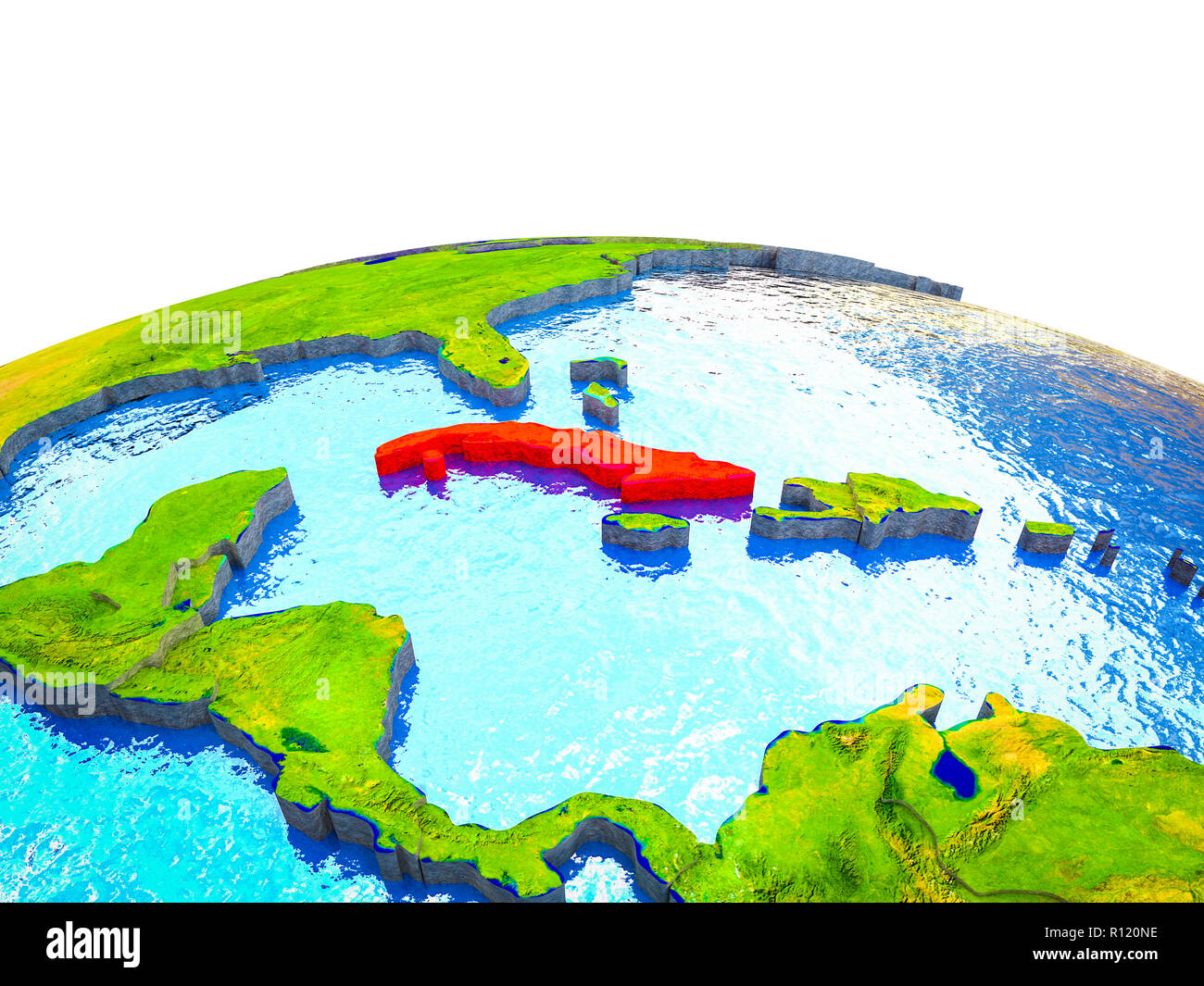 Cuba on 3D Earth with visible countries and blue oceans with waves. 3D ...