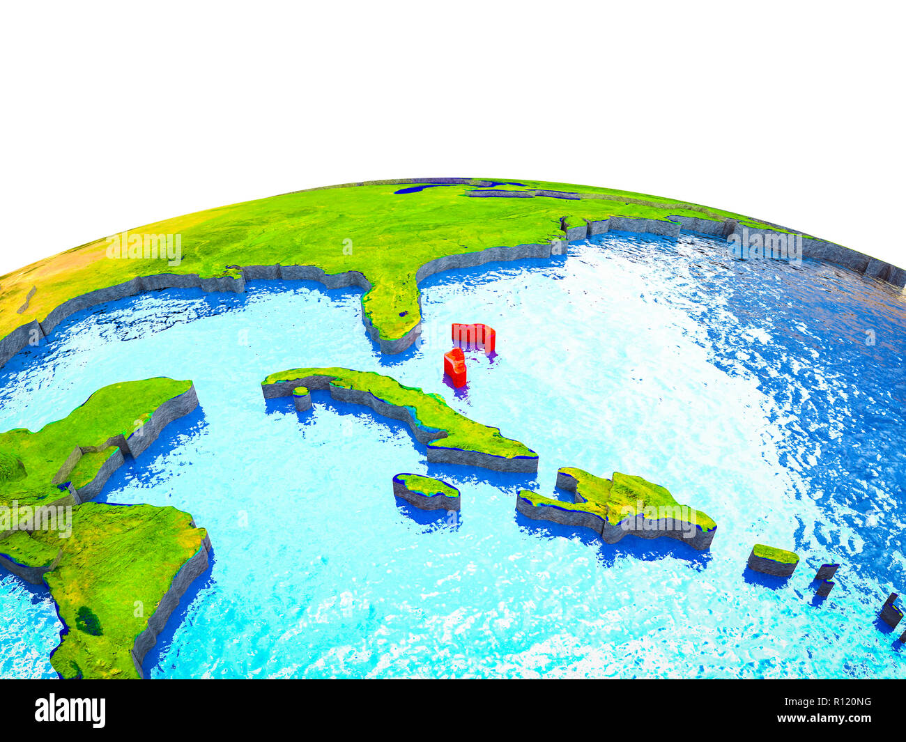 Bahamas on 3D Earth with visible countries and blue oceans with waves ...