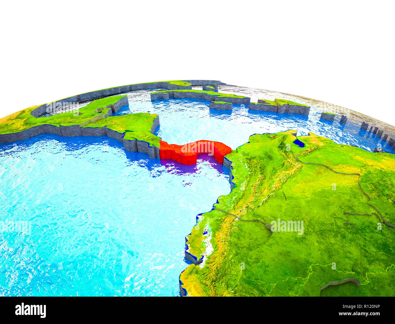 Panama on 3D Earth with visible countries and blue oceans with waves ...