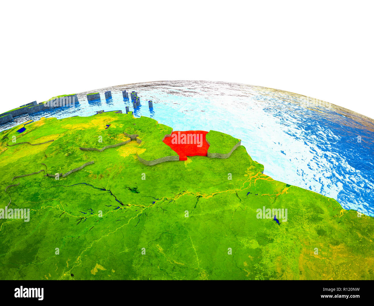 Suriname on 3D Earth with visible countries and blue oceans with waves ...