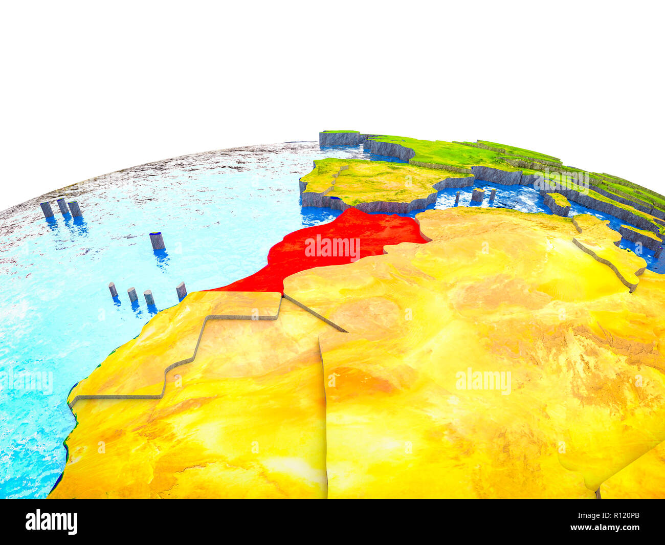 Morocco on 3D Earth with visible countries and blue oceans with waves ...