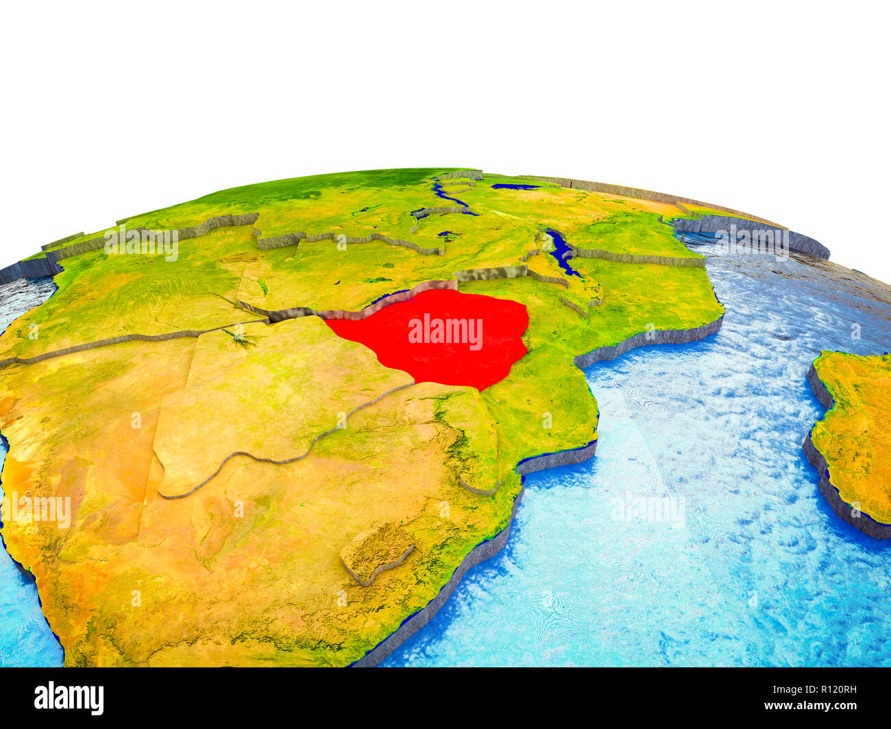 Zimbabwe on 3D Earth with visible countries and blue oceans with waves ...