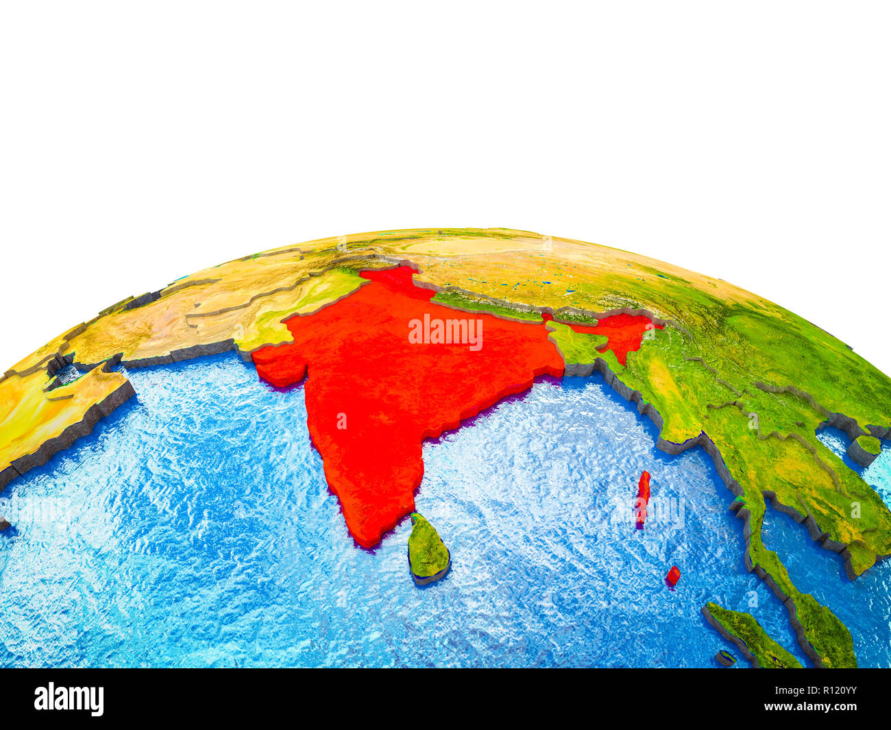 India on 3D Earth with visible countries and blue oceans with waves. 3D ...