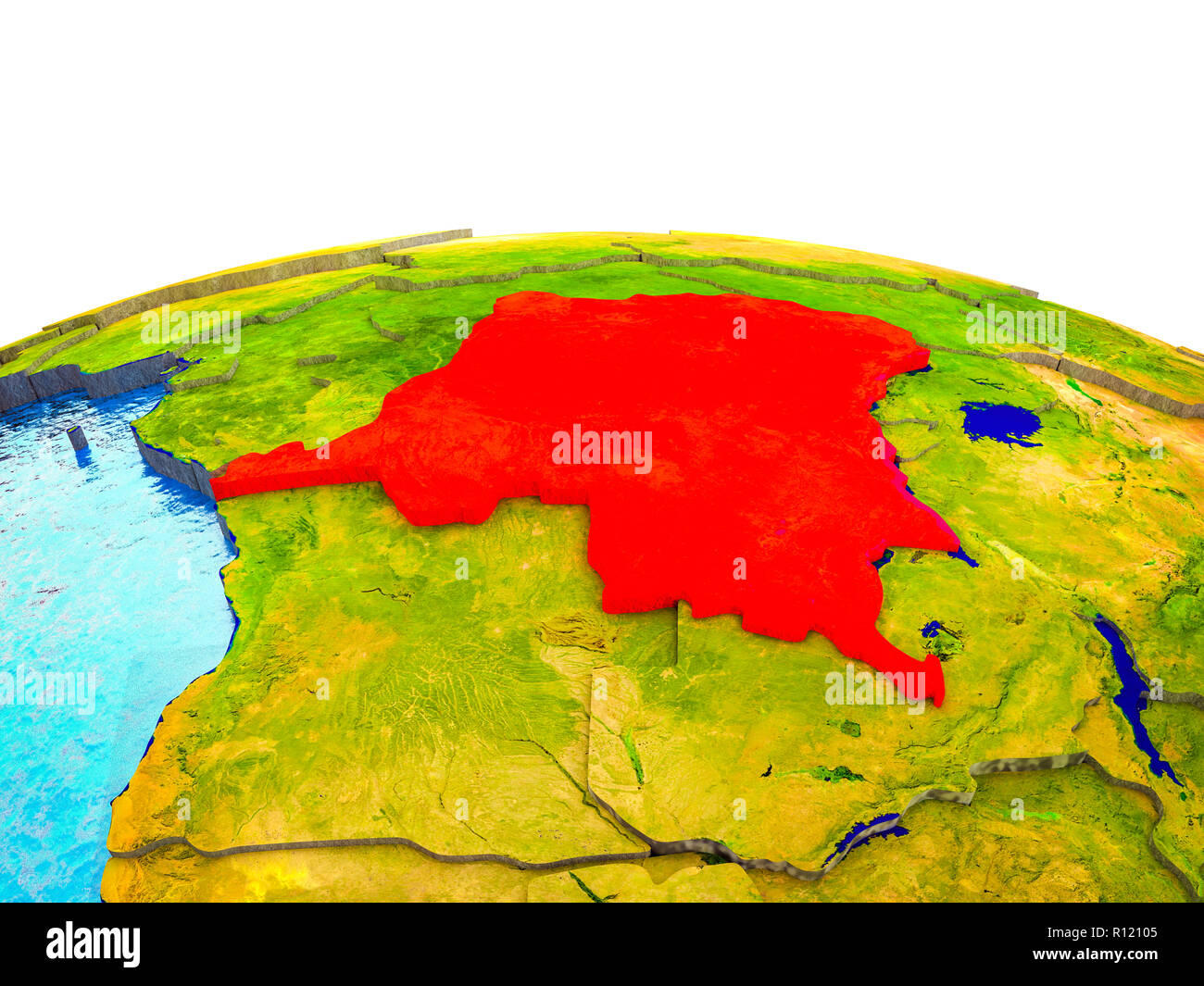 Dem Rep of Congo on 3D Earth with visible countries and blue oceans ...
