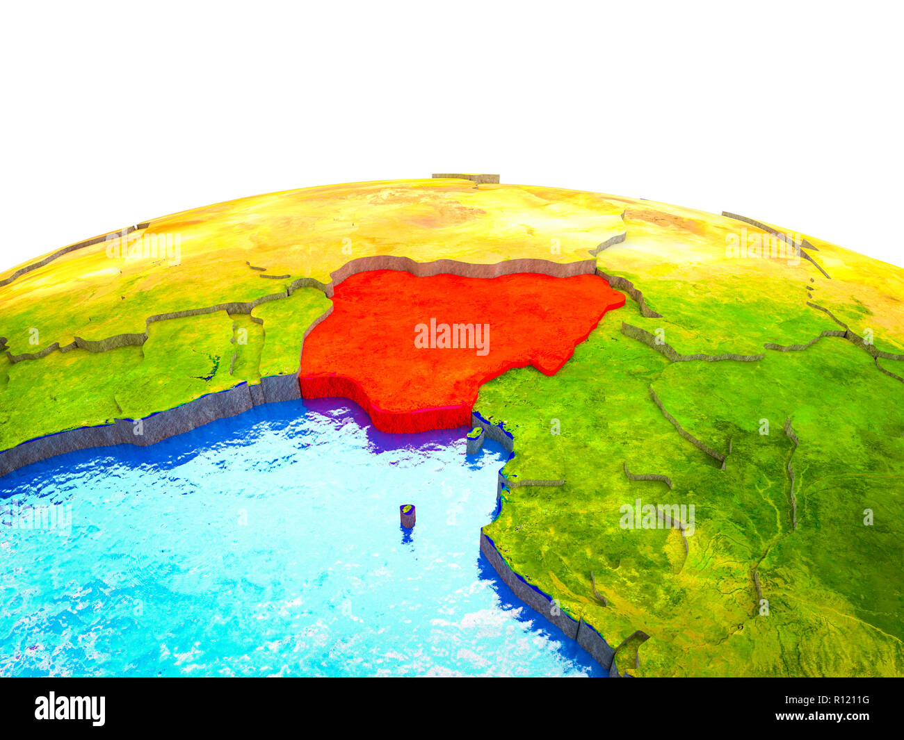Nigeria on 3D Earth with visible countries and blue oceans with waves ...
