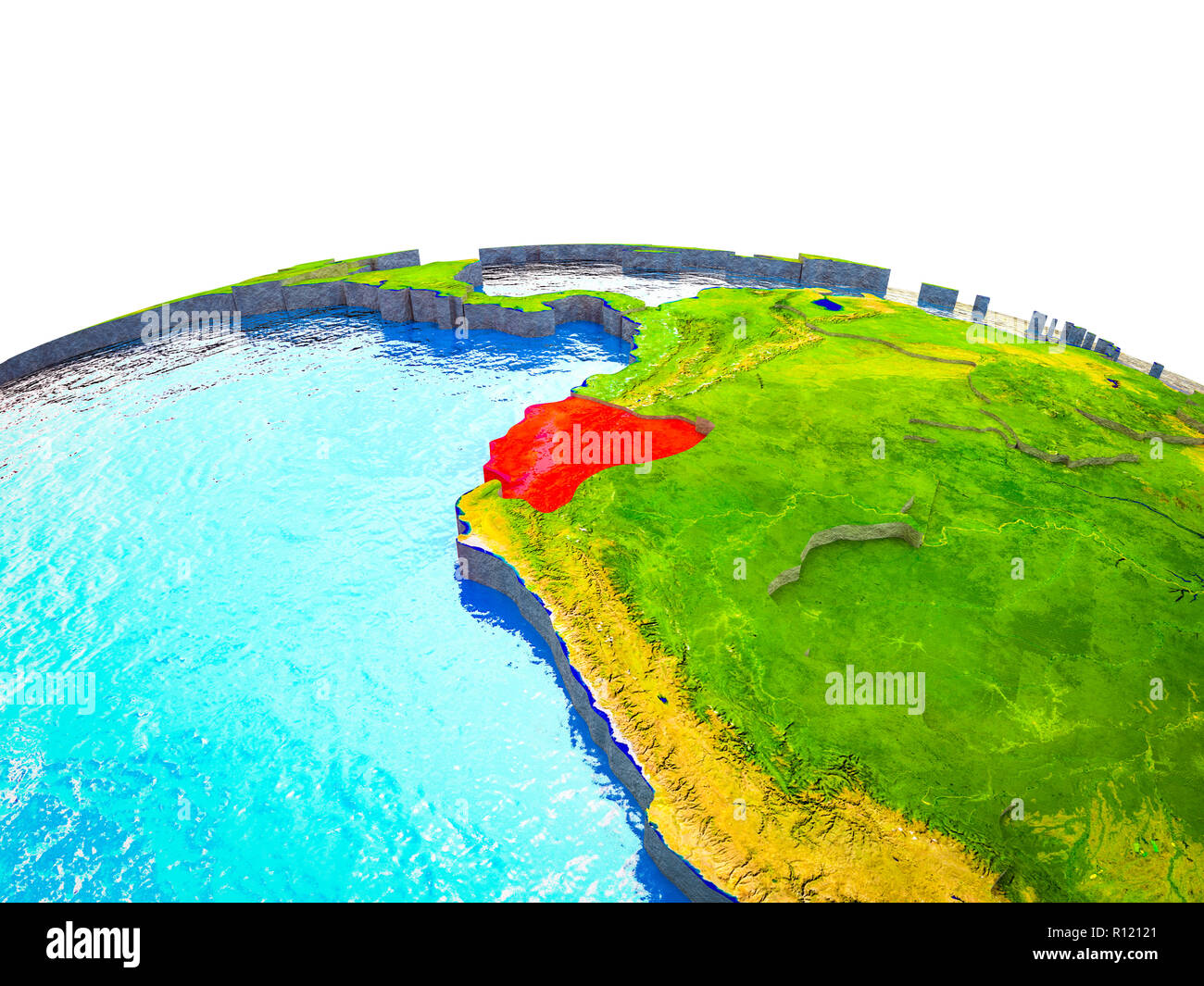 Ecuador on 3D Earth with visible countries and blue oceans with waves ...