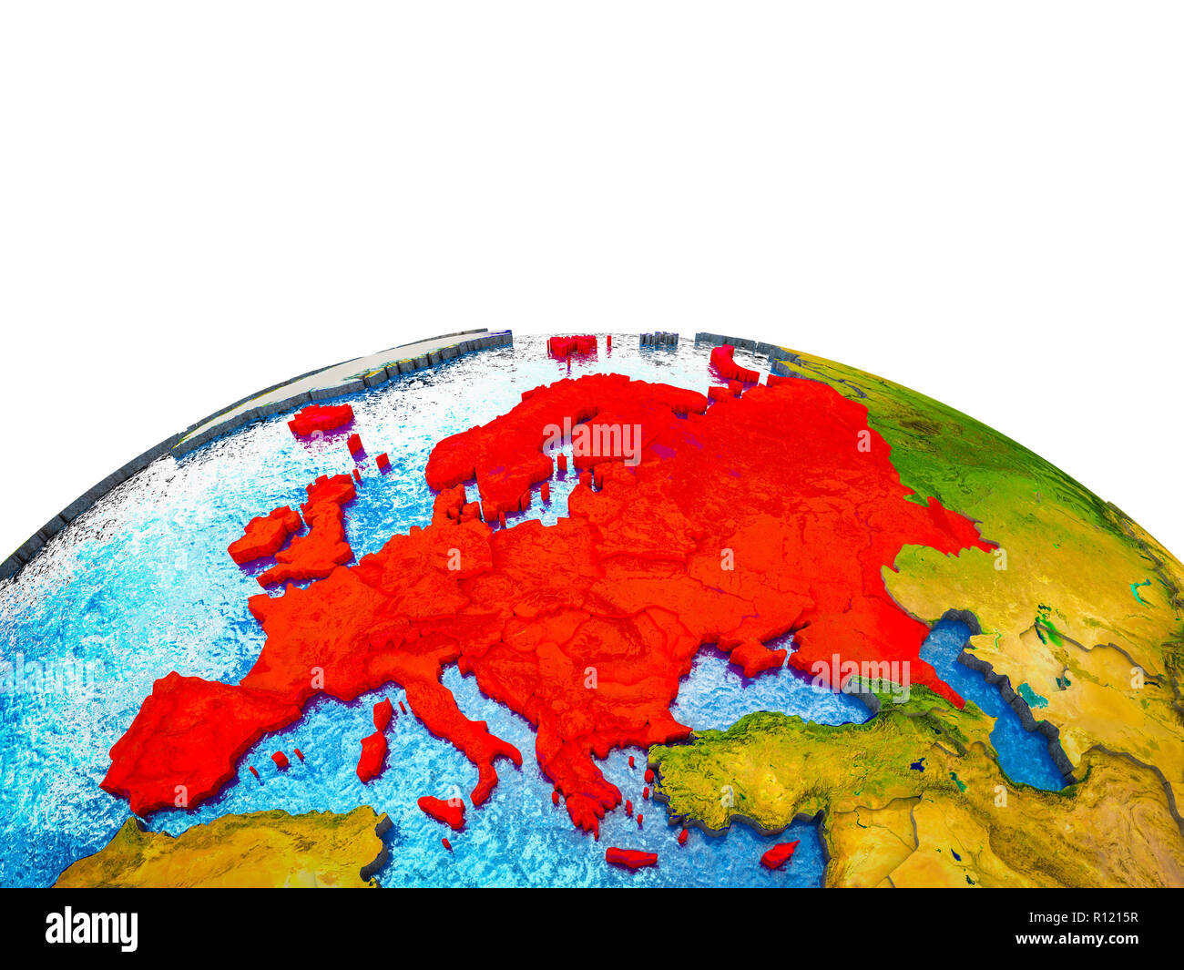 Europe on 3D Earth with visible countries and blue oceans with waves ...