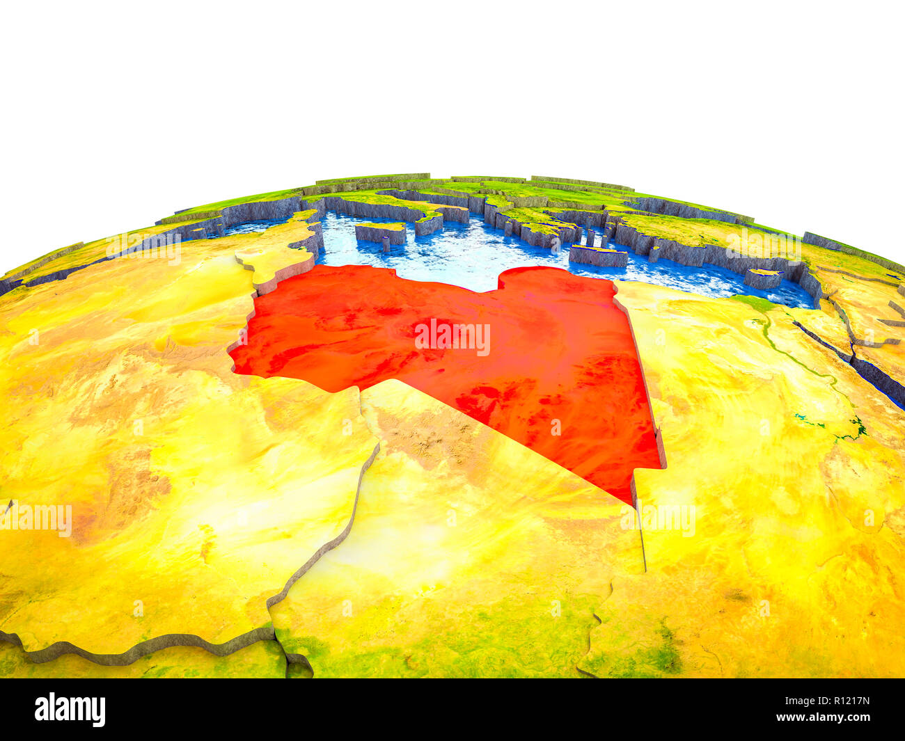 Libya on 3D Earth with visible countries and blue oceans with waves. 3D ...