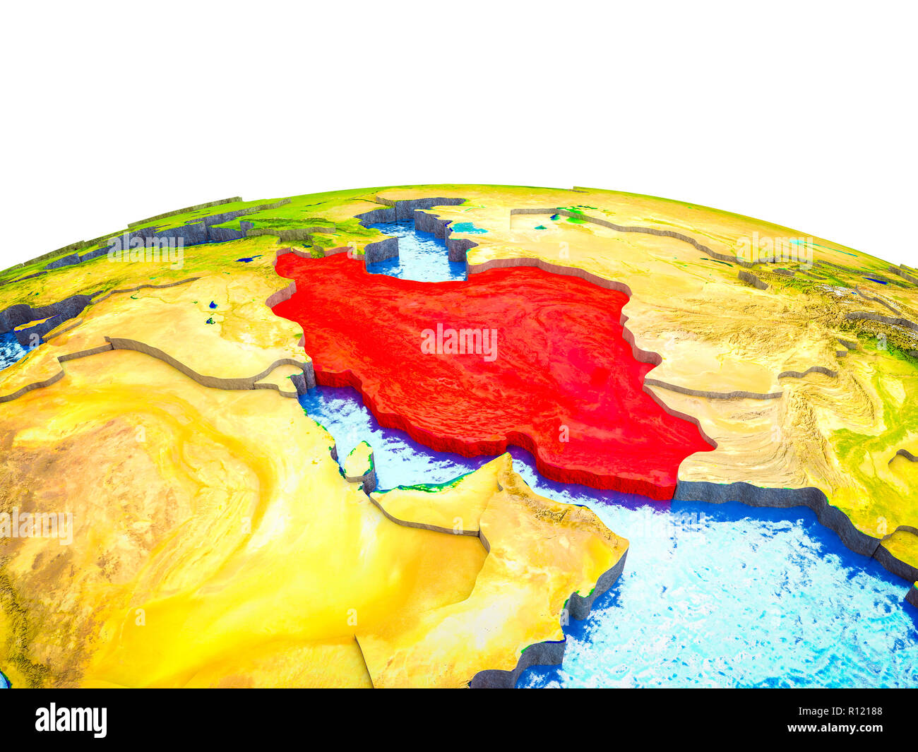 Iran on 3D Earth with visible countries and blue oceans with waves. 3D ...