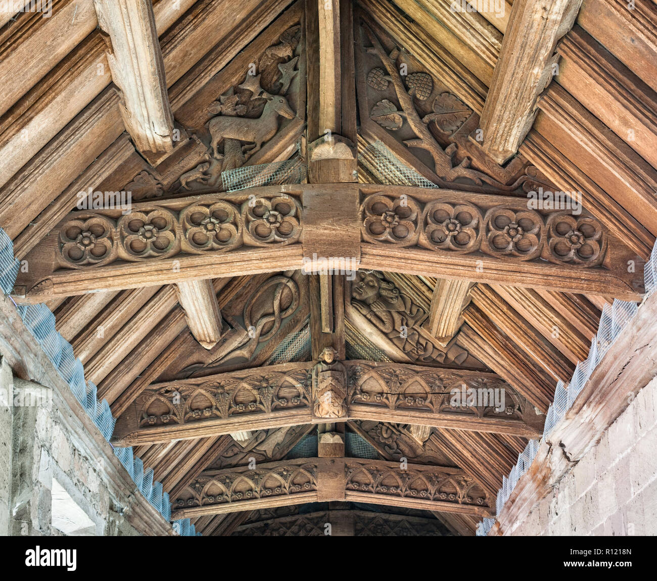 Hereford Cathedral, UK. Medieval wood carvings in the roof of the 15c ...