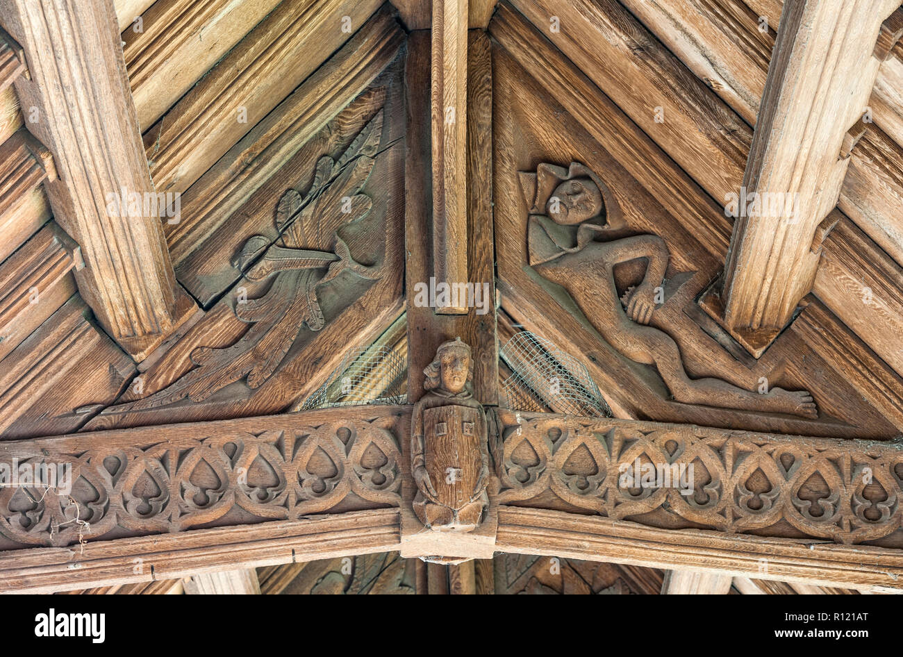 Hereford Cathedral, UK. Medieval wood carvings in the roof of the 15c ...