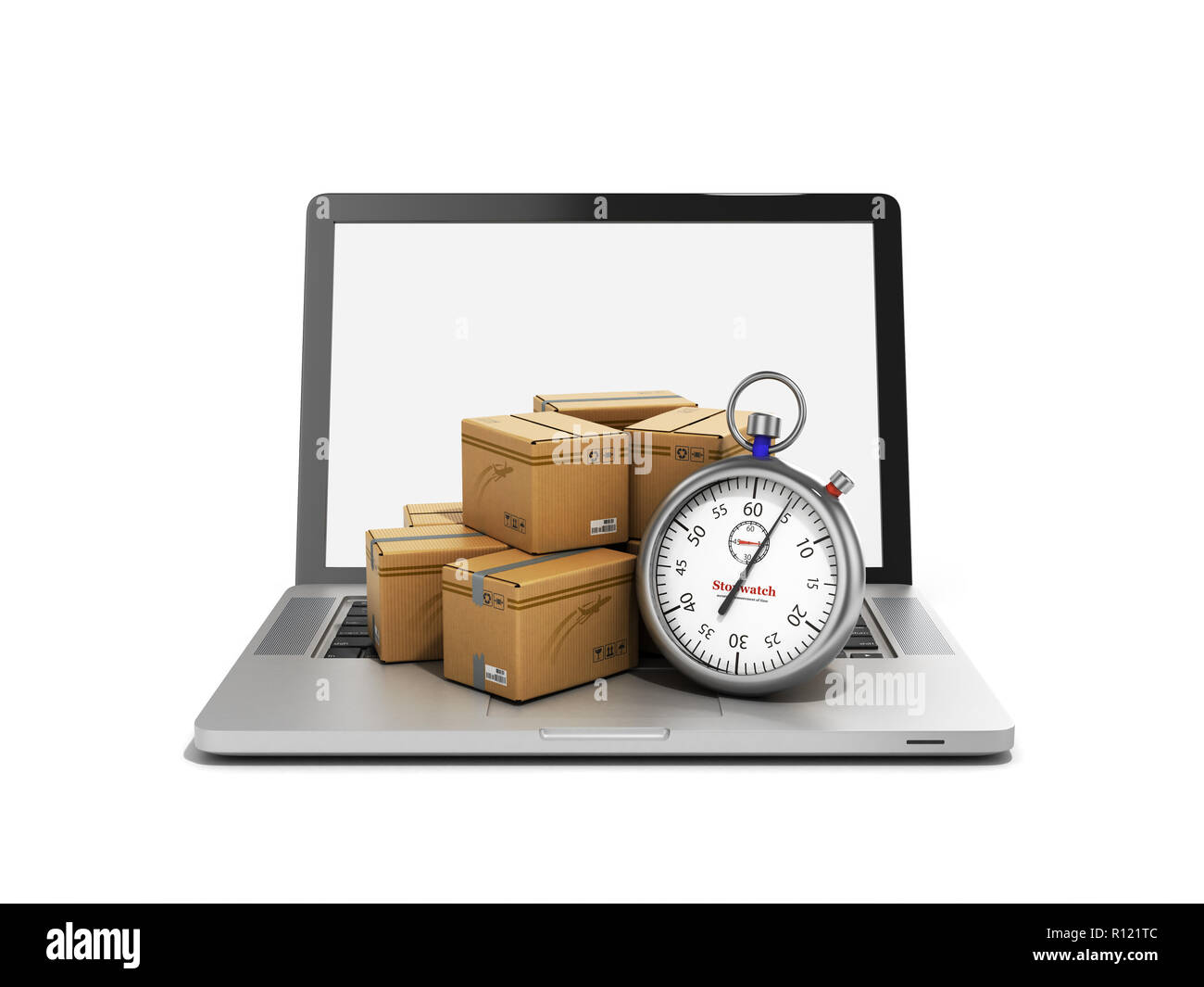 box and stopwatch standing on a laptop isolated on white concept of ...