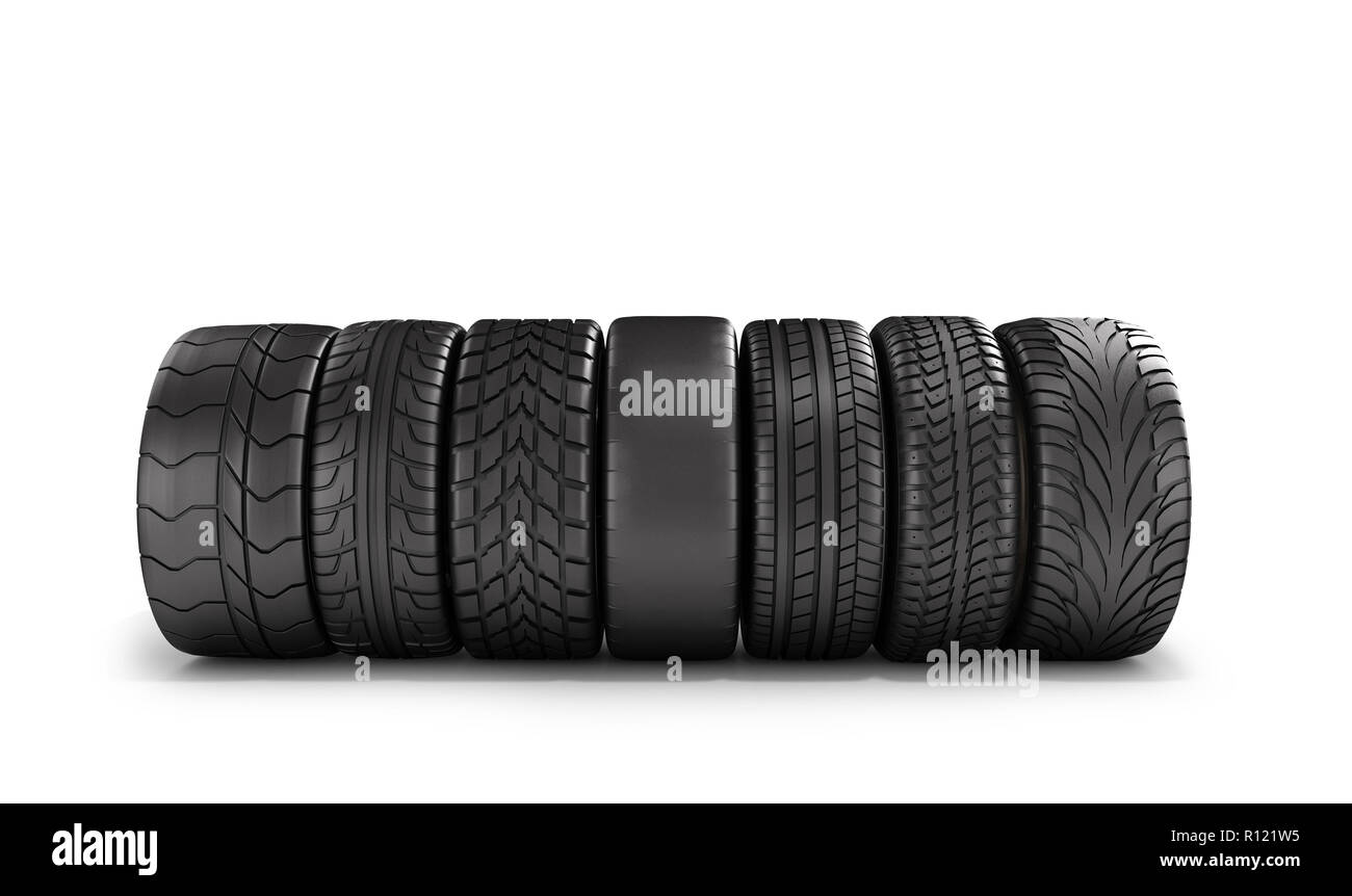 car wheels stand in a row isolated on white 3d illustration Stock Photo - Alamy