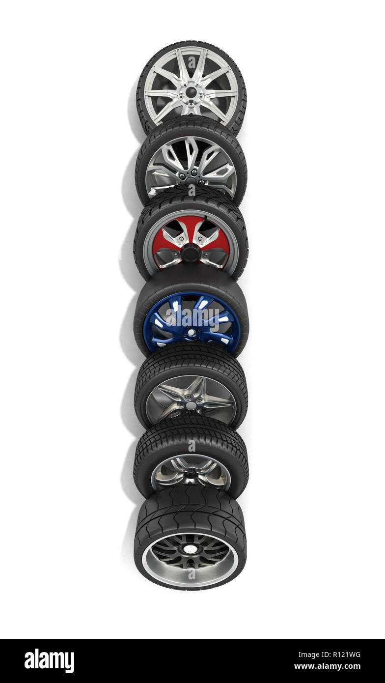 wheels with tires car standing in a row isolated on white 3d render Stock Photo - Alamy