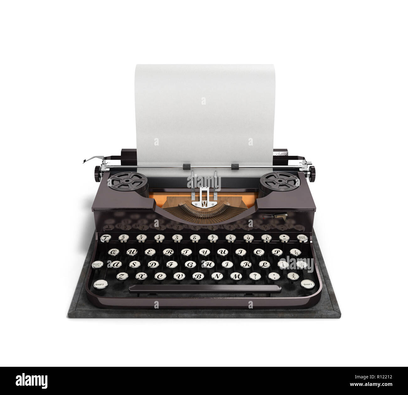 Retro rusty typewriter with paper sheet 3d render isolated on white ...