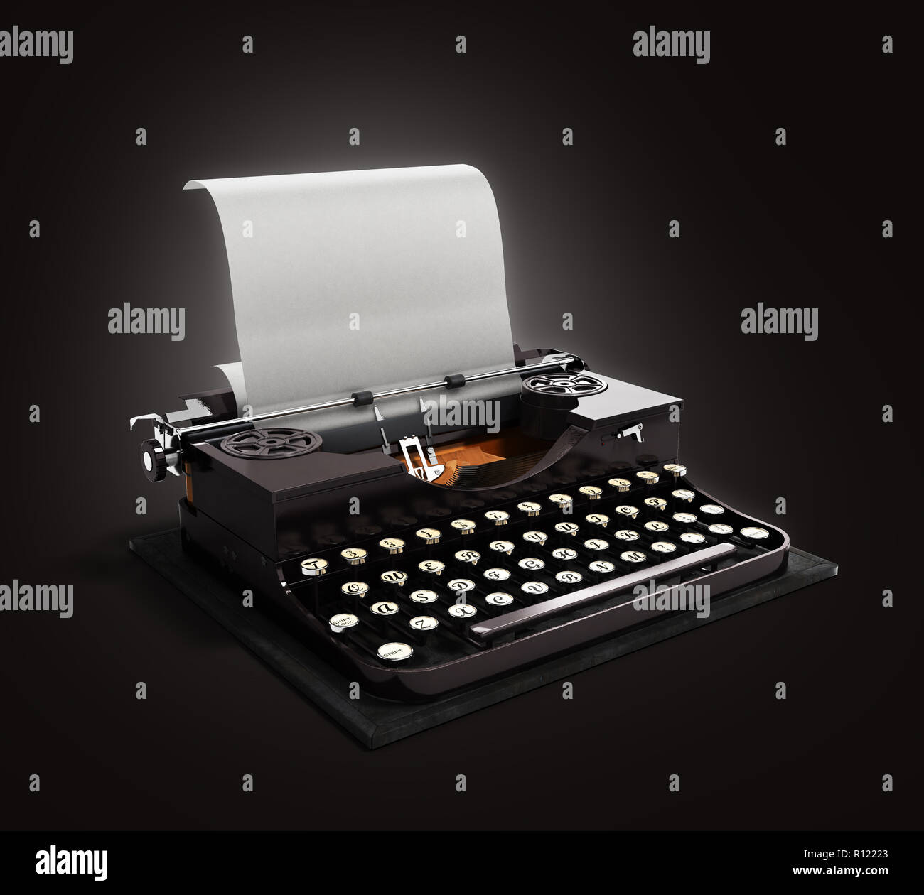 Retro rusty typewriter with paper sheet 3d render on gradient ...