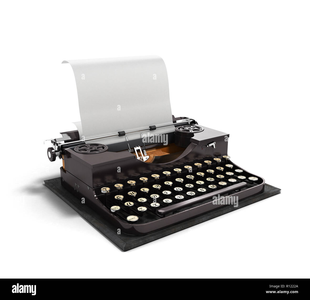 Retro rusty typewriter with paper sheet 3d render isolated on white ...