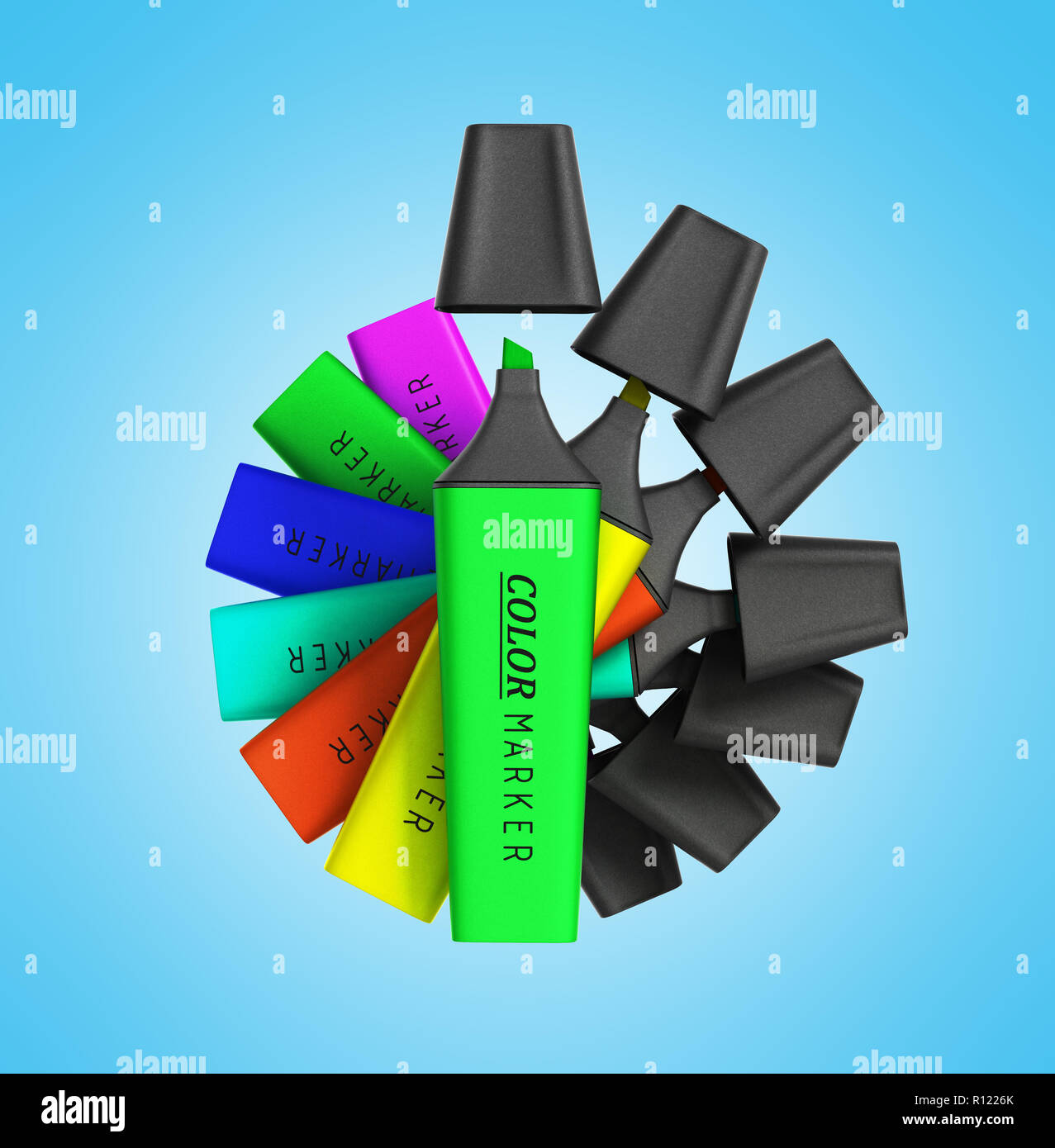 multicolored markers 3d render isolated on a gradient background Stock ...