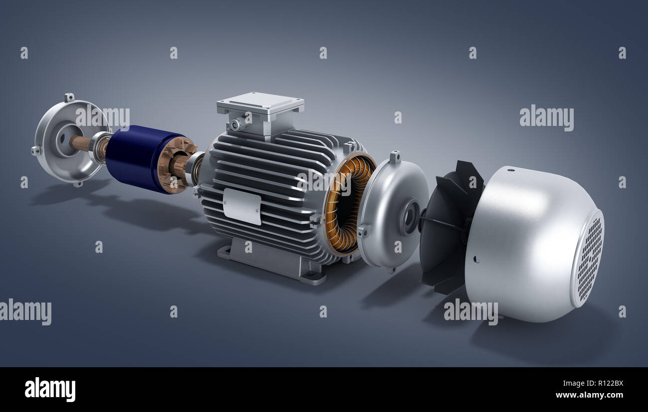 electric motor in disassembled state 3d illustration on a gradient ...