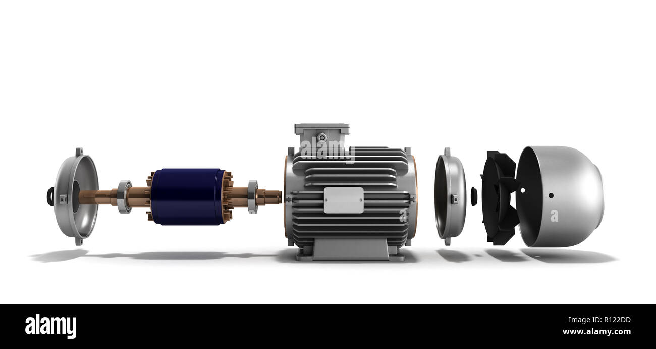 electric motor in disassembled state 3d render on a white background ...