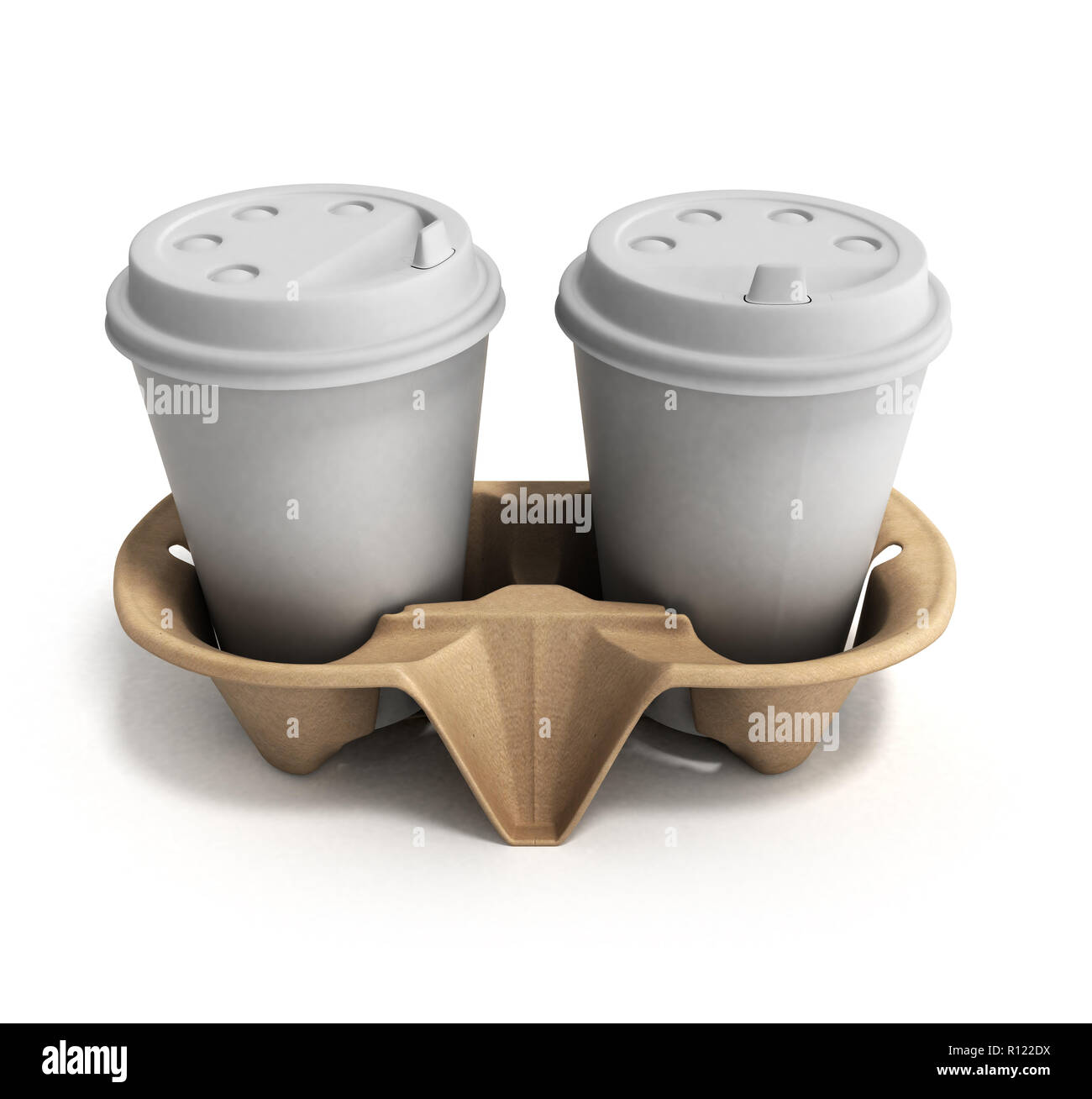 two cups of coffee on a cardboard base 3d render on white Stock Photo ...