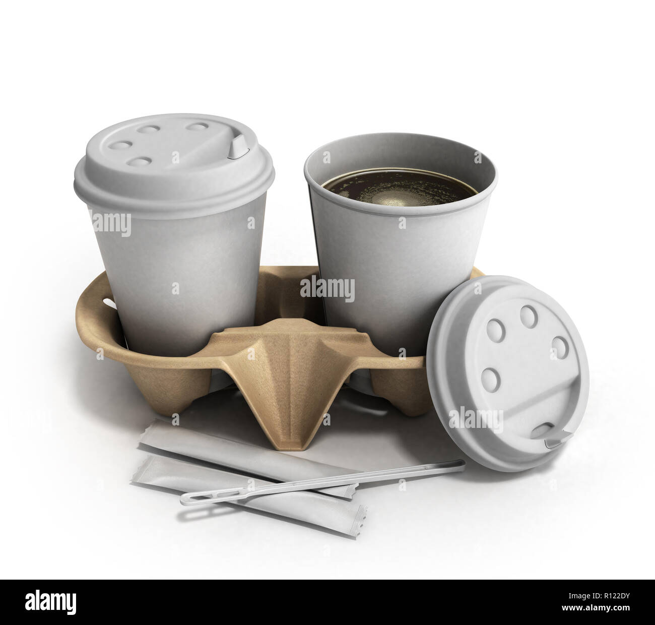 cups of coffee on a cardboard base 3d illustration on white Stock Photo ...
