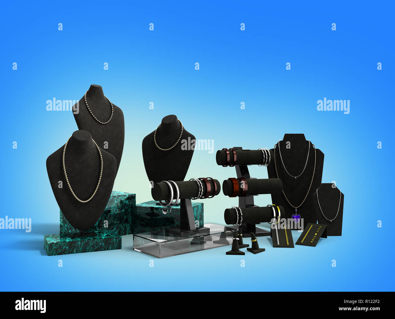 Stand for jewelry in the jewelry display cases 3d render on blue ...