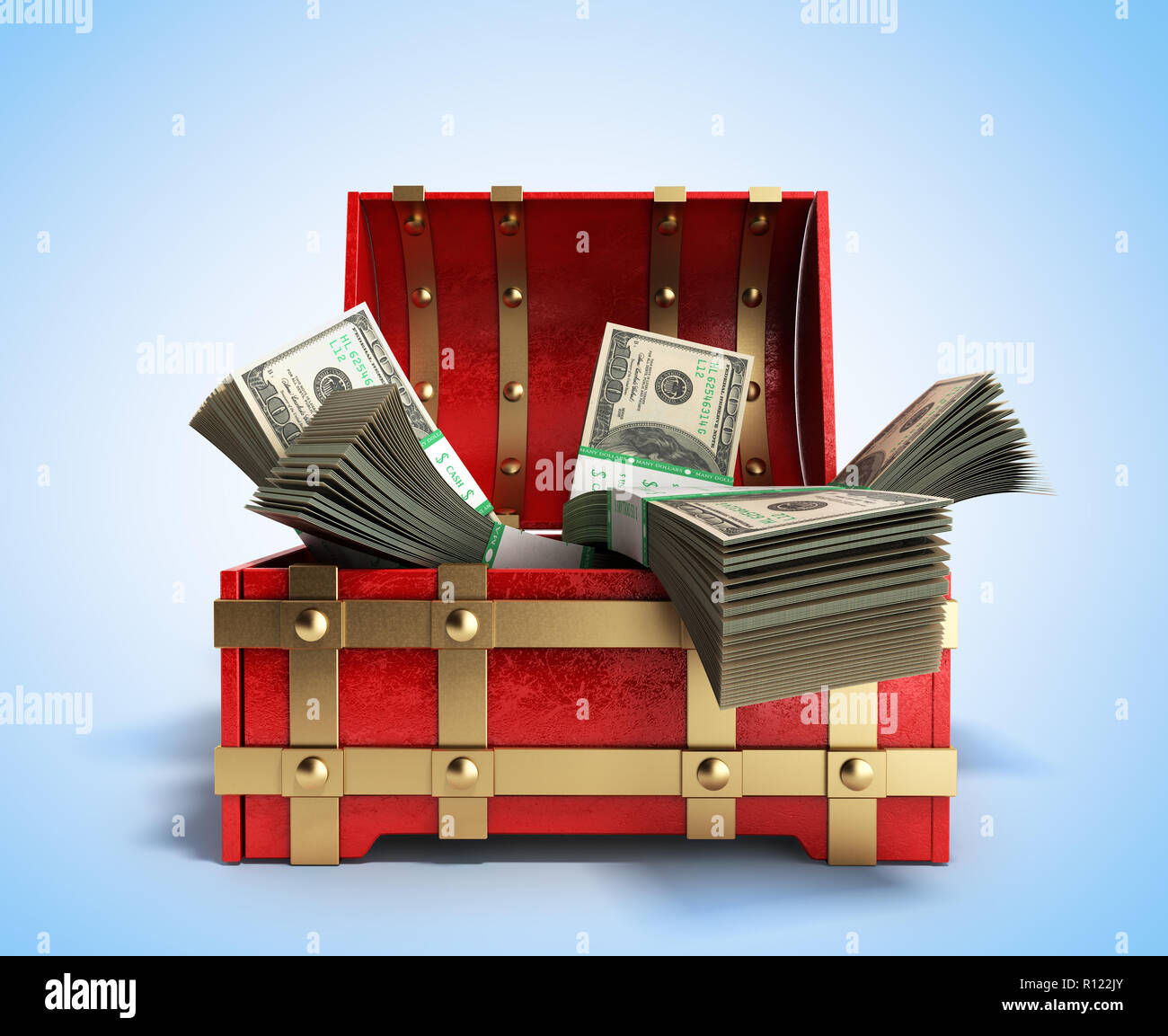 pack of dollar bills inside a red wooden chest 3d render on gradient ...