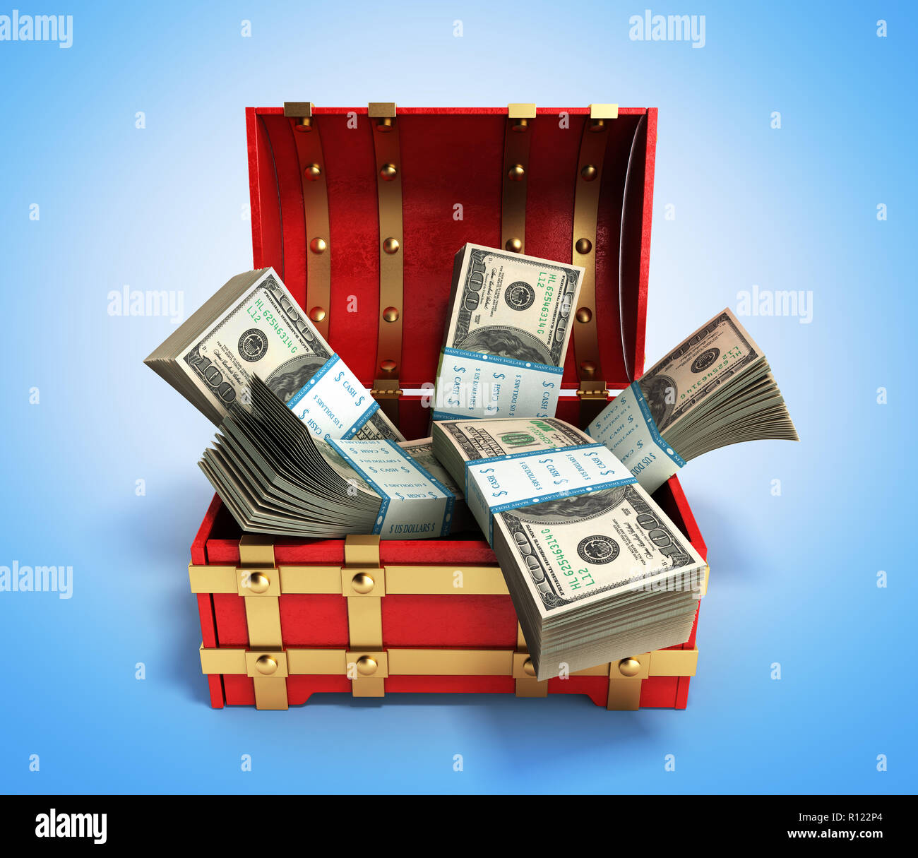 pack of dollar bills inside a red wooden chest 3d render on gradient ...