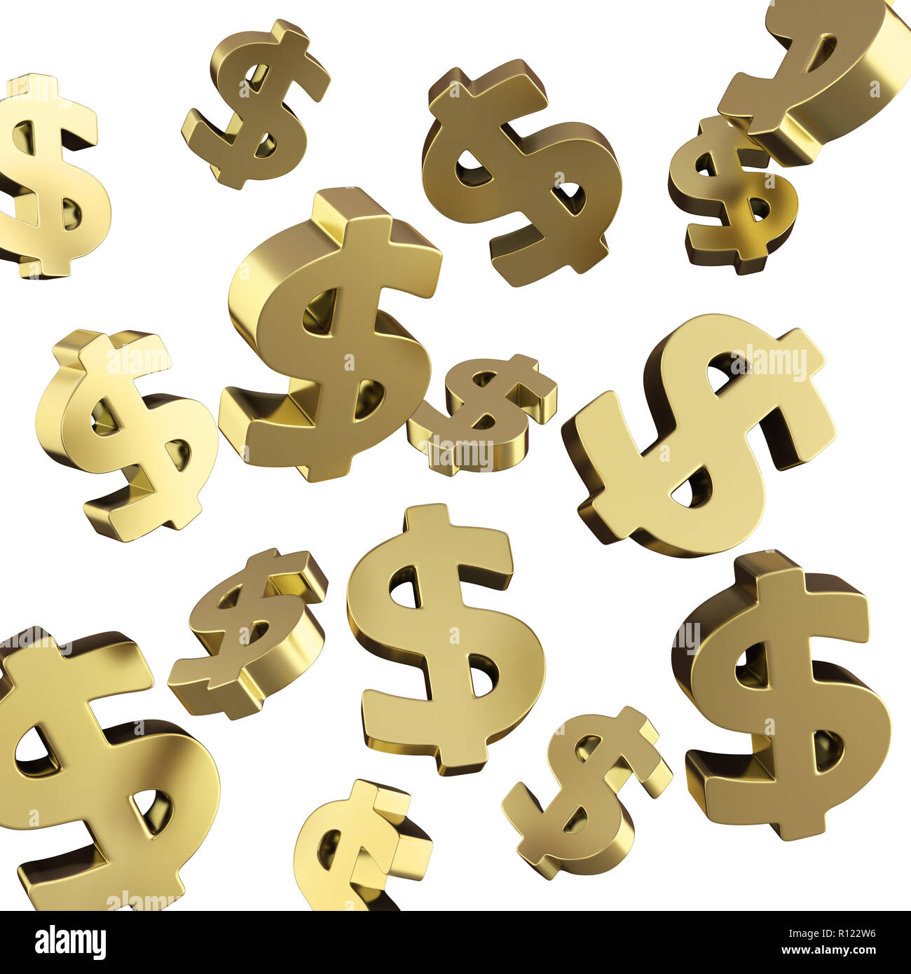 many golden dollar sign fly 3d render on white Stock Photo - Alamy