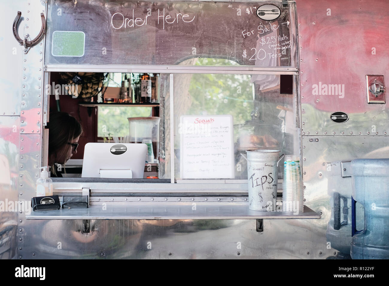 Service window of food truck Stock Photo - Alamy