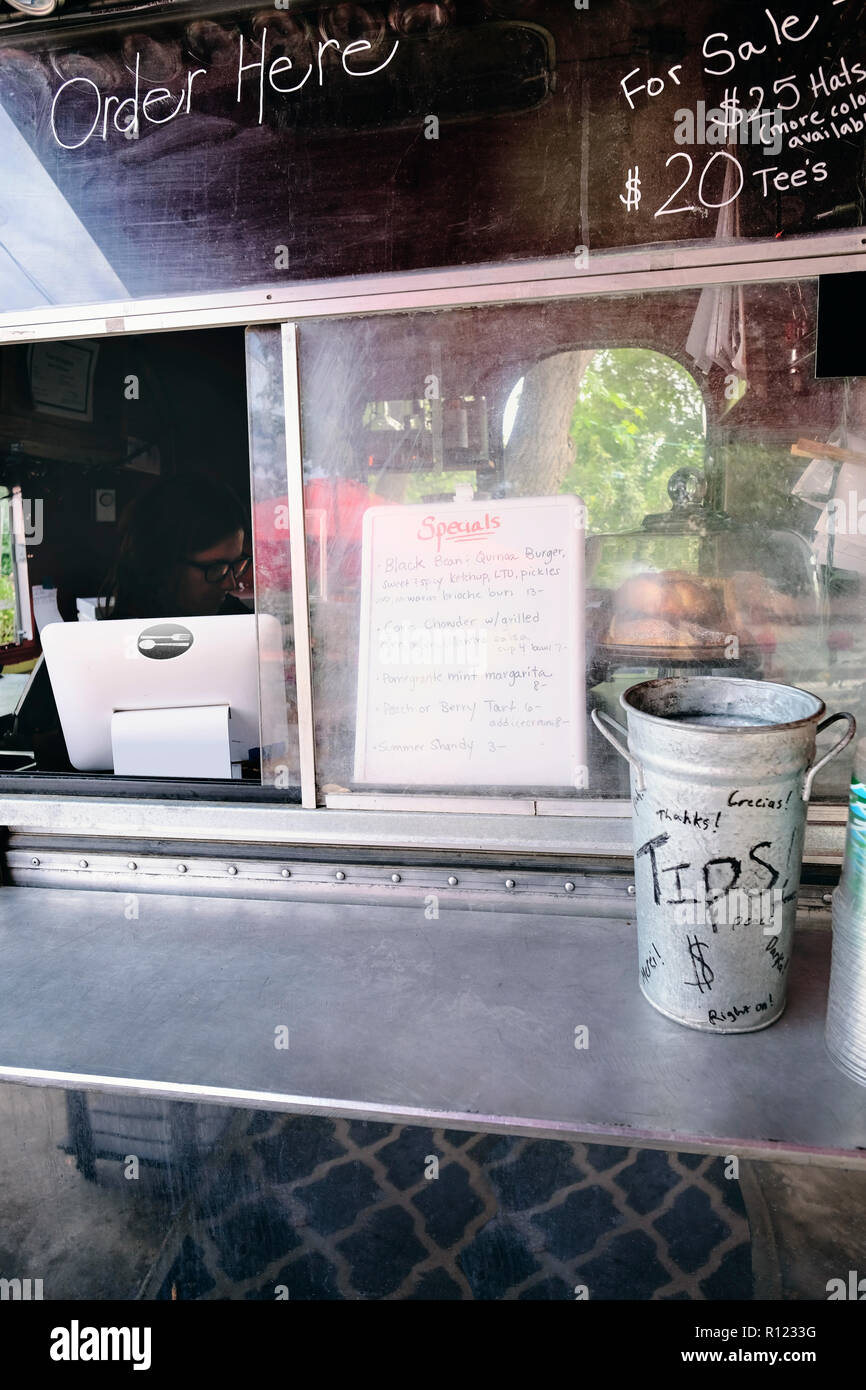 Service window of food truck Stock Photo - Alamy