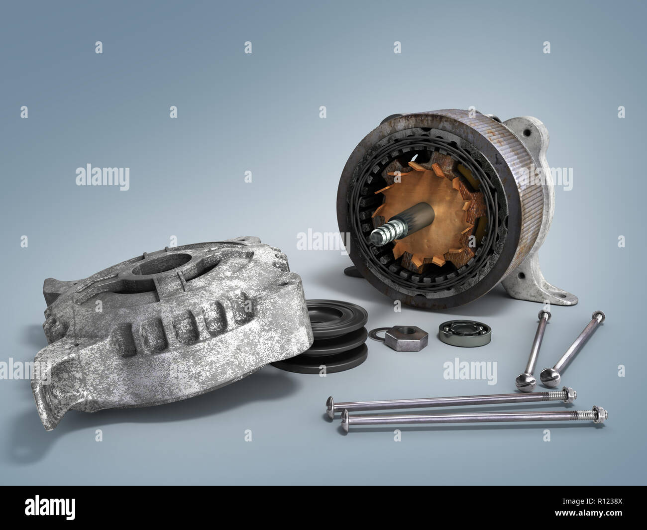 the concept of service disassemble electric motor 3d render isolated on ...