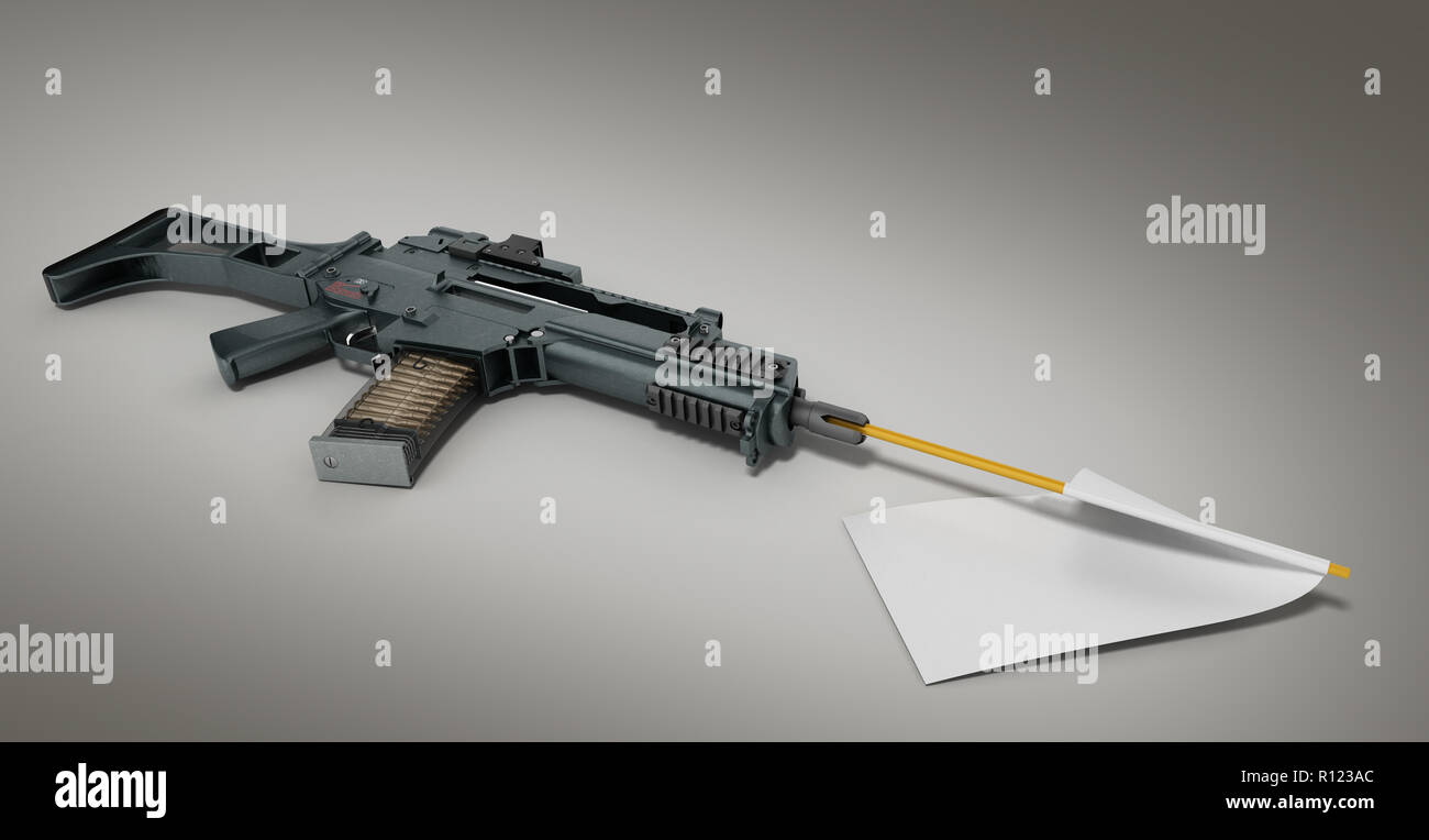 concept defeat white flag from the barrel of the machine 3d render ...