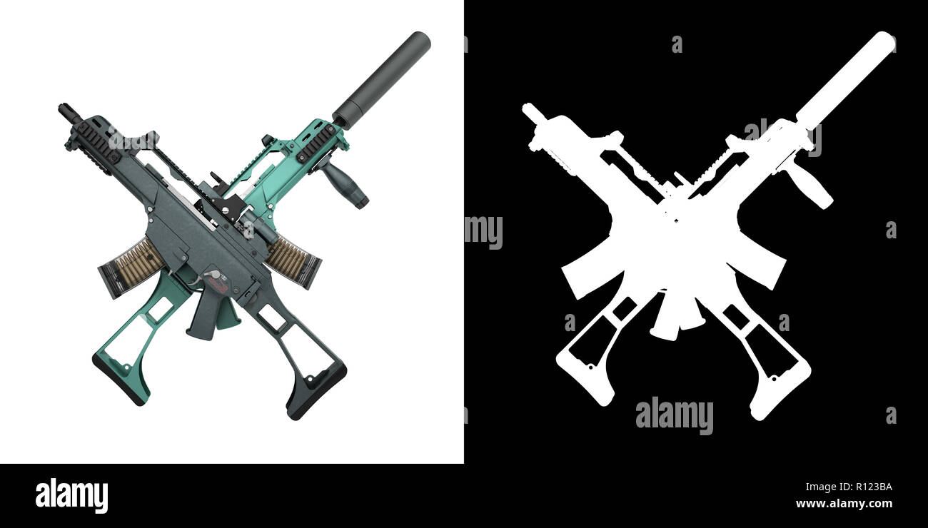 the concept of armed conflict confrontation. guns crossed 3d render ...