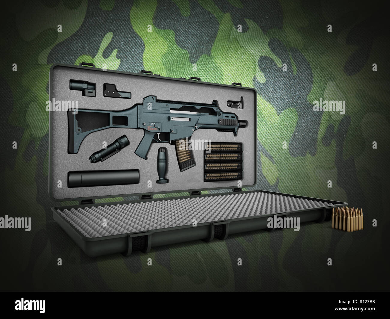 gun in the briefcase 3d render on a color background Stock Photo - Alamy