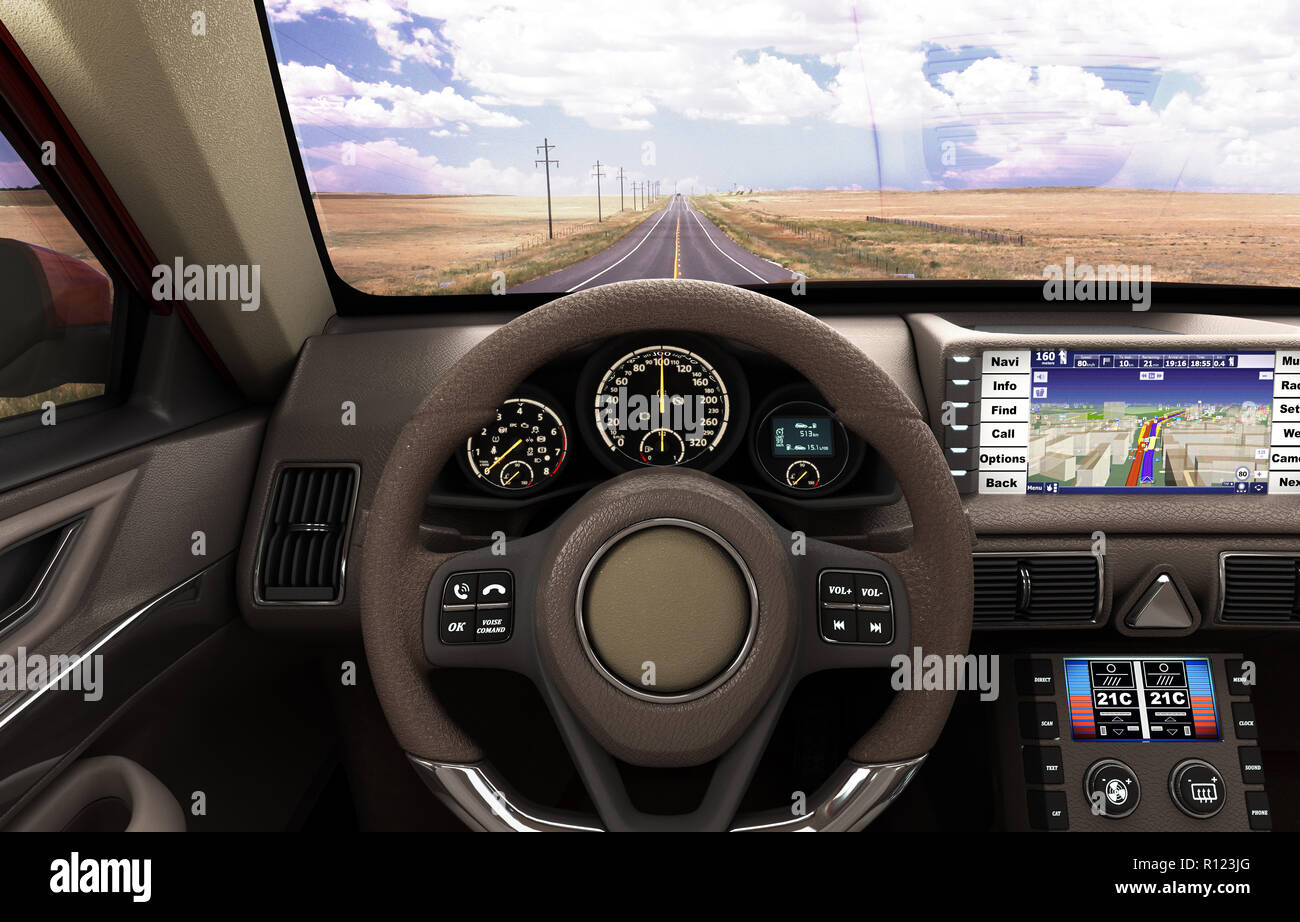Front view dashboard of modern brand new car with road in the windows ...