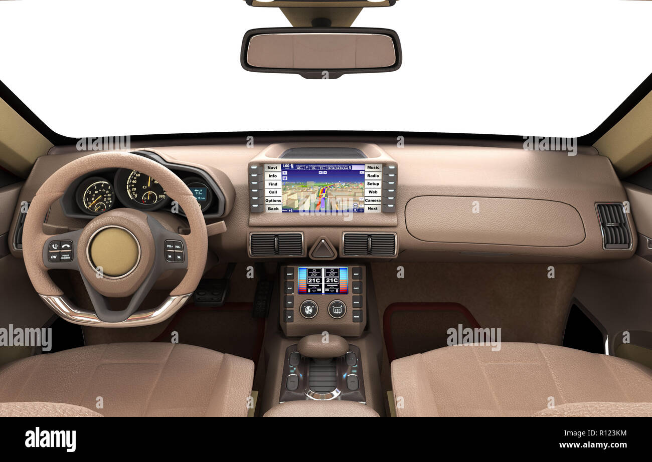 Front view dashboard of modern brand new car with windows 3d ...