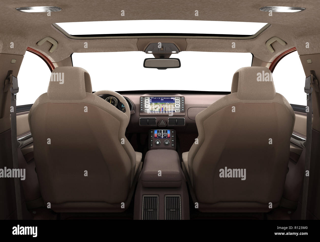 Front view dashboard of modern brand new car with windows 3d render ...