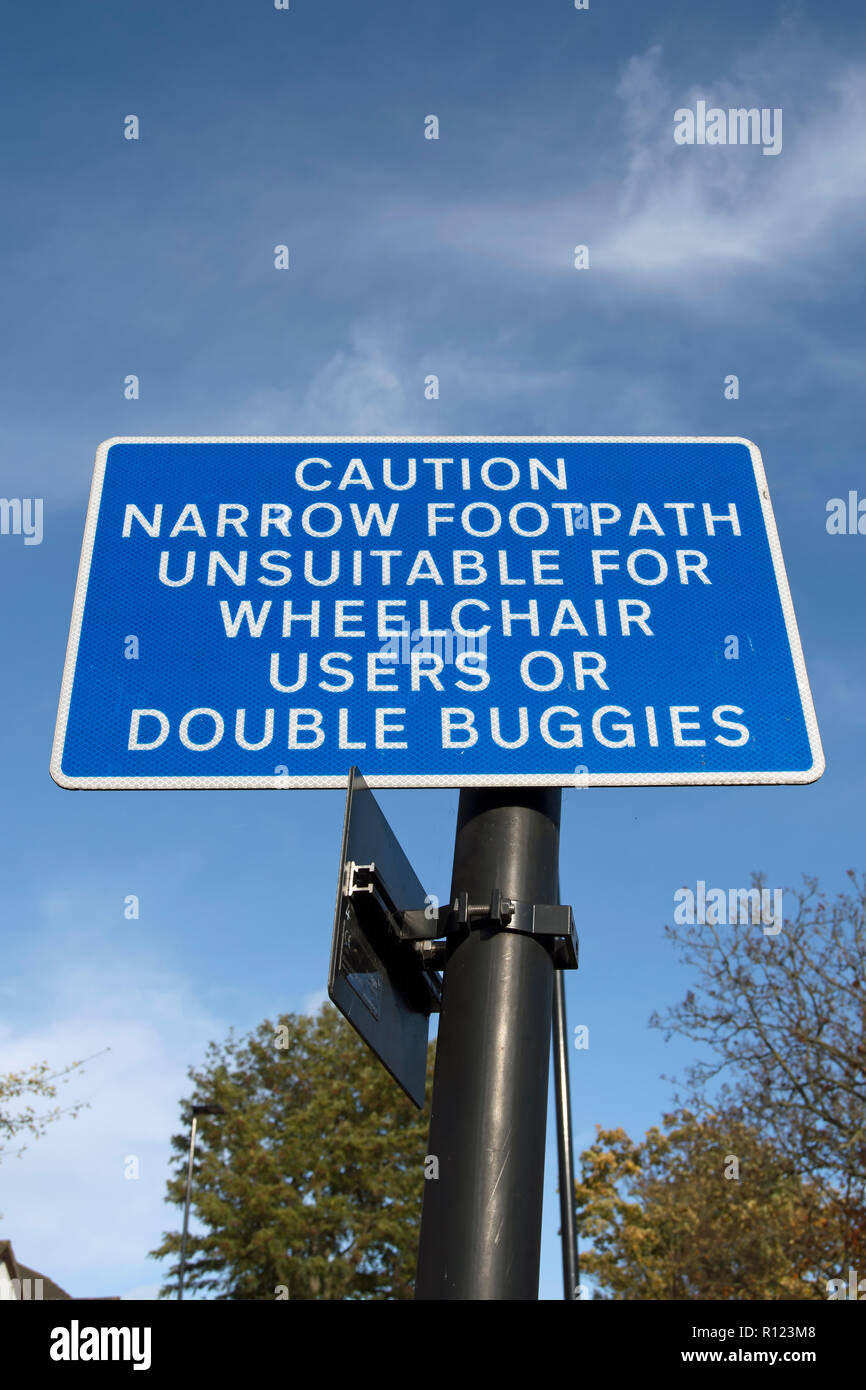british blue and white sign indicating a narrow footpath unsuitable for ...