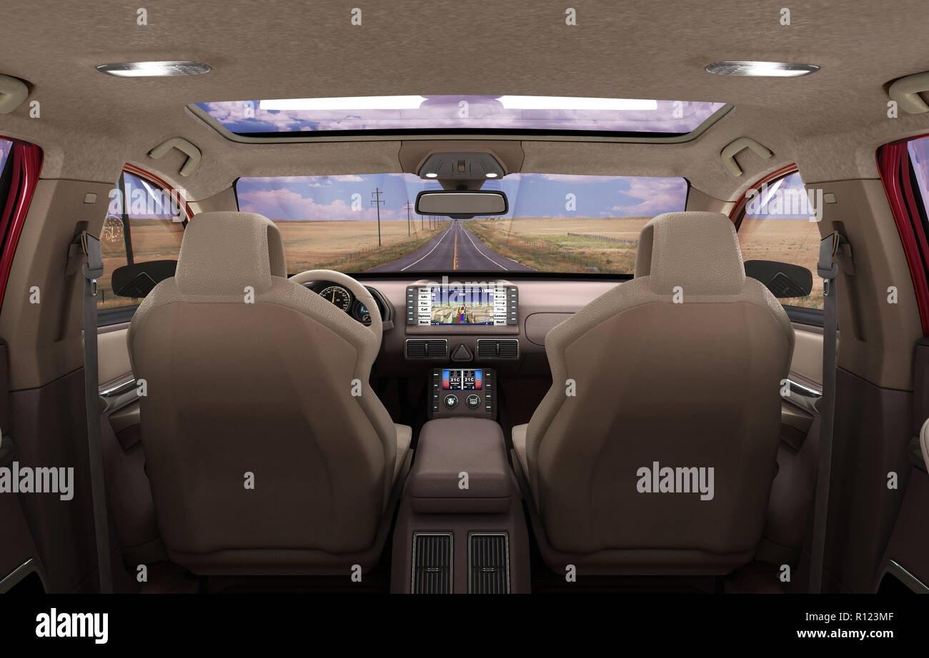 Front view dashboard of modern brand new car with road in the windows ...